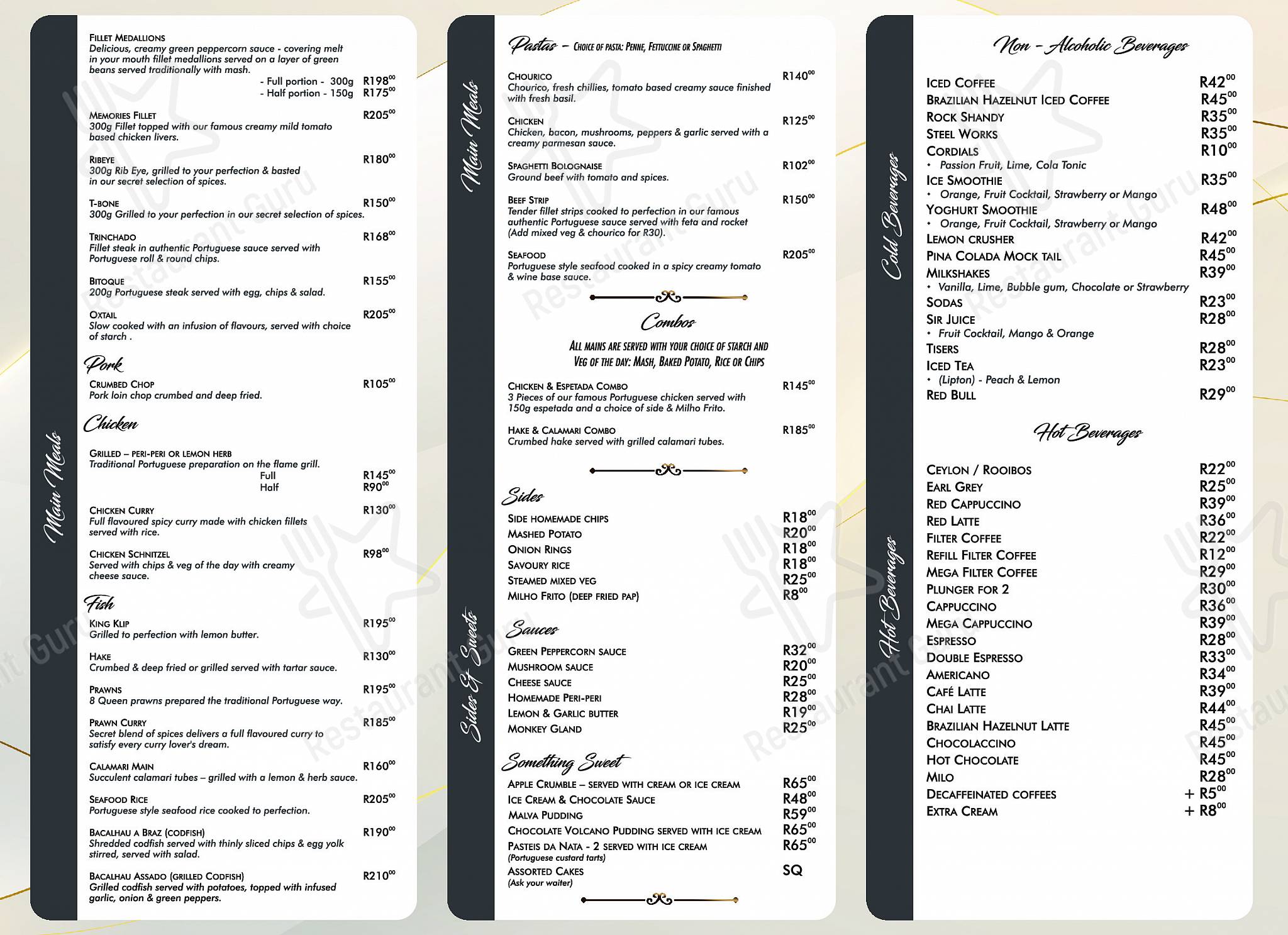 Menu at Memories restaurant, Vanderbijlpark, Corner Hendrick van Eck