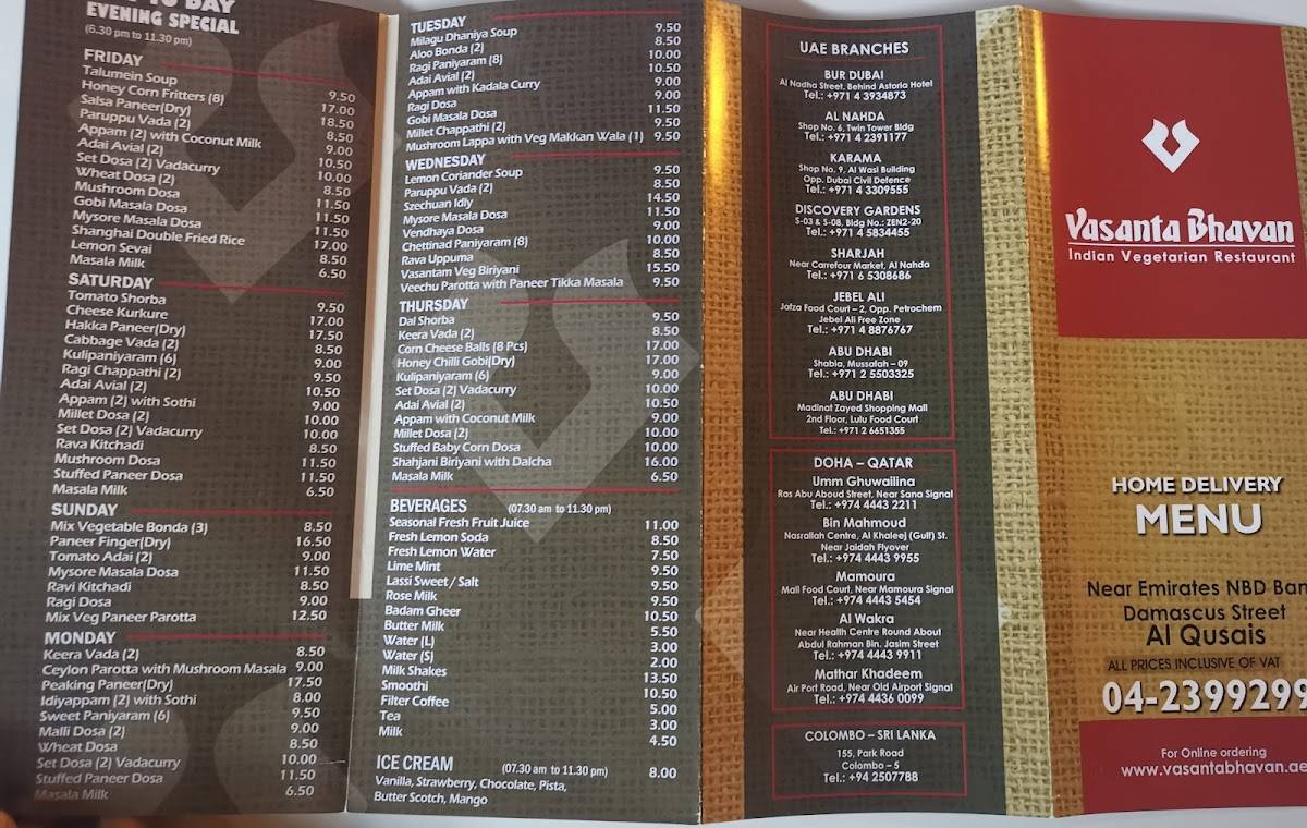 Carta de Vasanta Bhavan Vegetarian Restaurant Al Quasis Dubai, Dubai ...