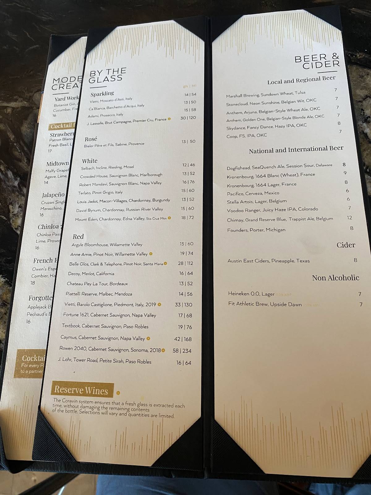 Menu at Vast restaurant, Oklahoma City