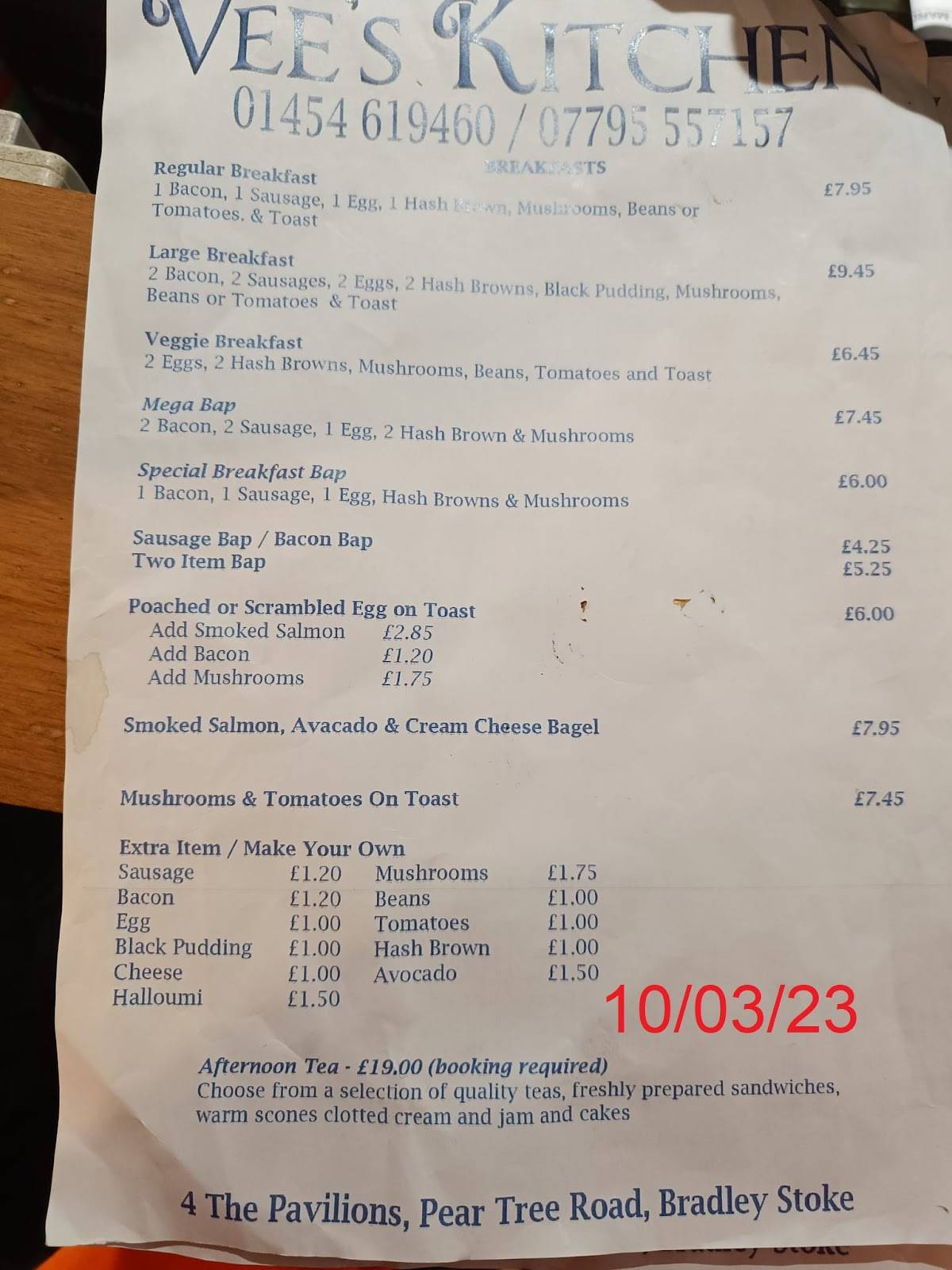 Menu at Vee's Kitchen cafe, Bristol