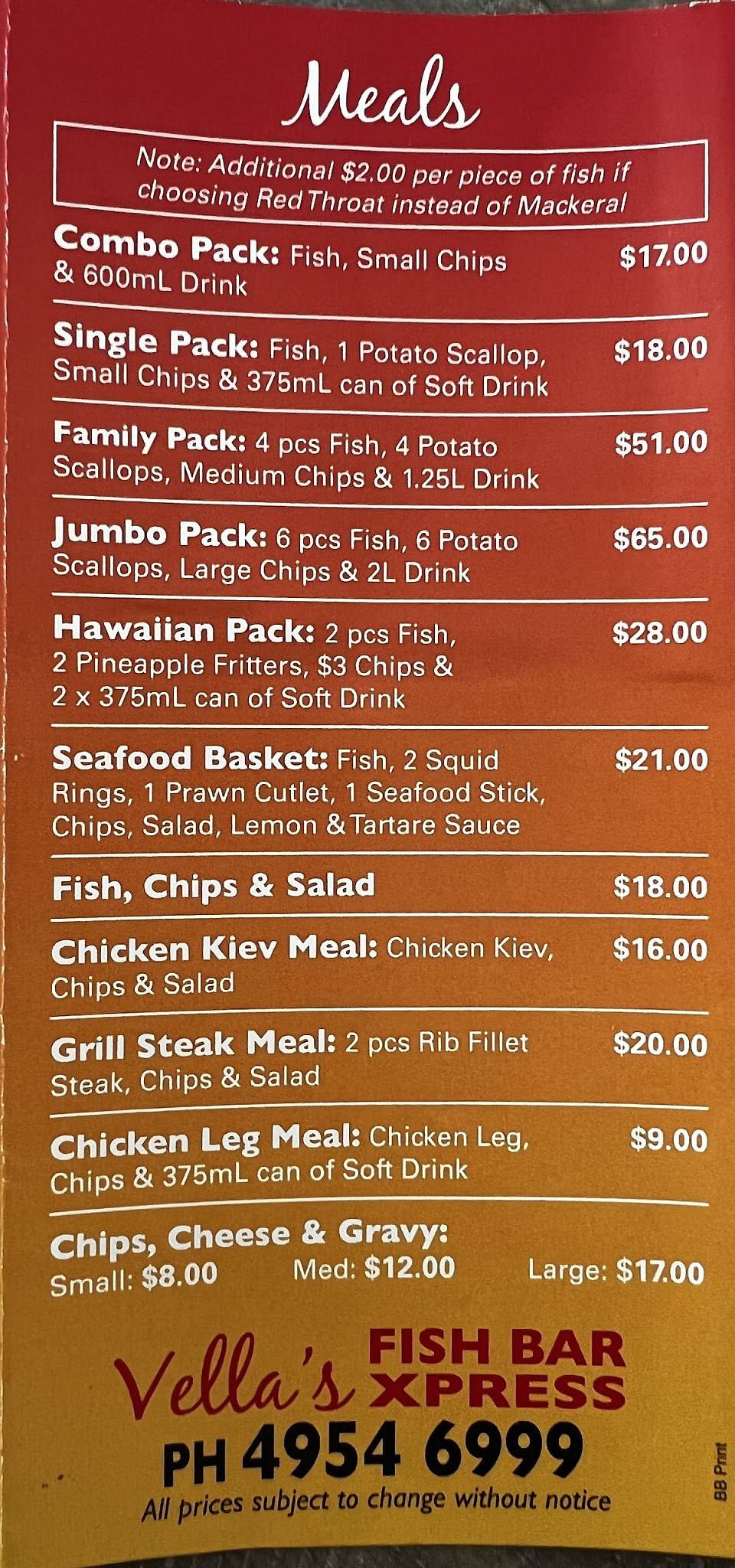 Menu at Vella's Xpress Fish Bar, North Mackay