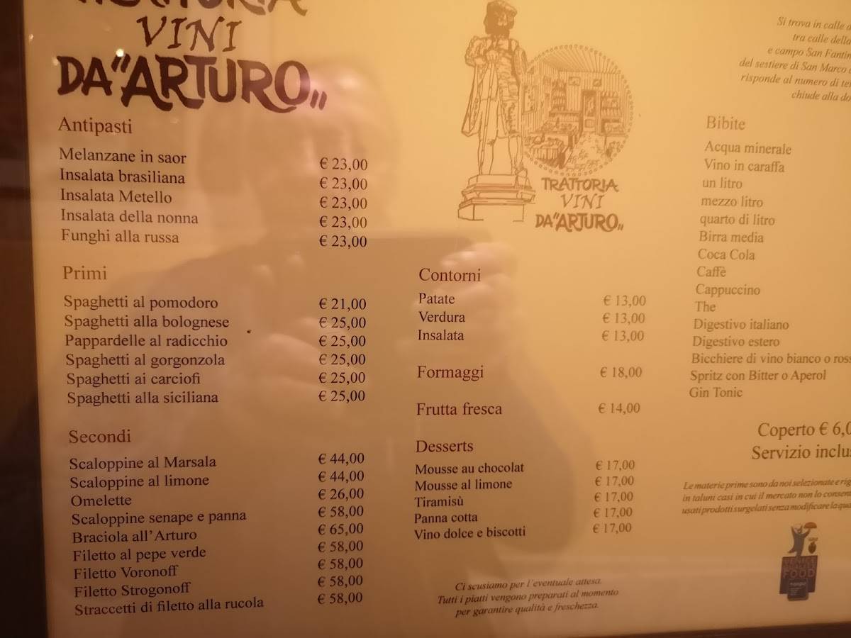 Menu at Vini Da Arturo restaurant, Venice