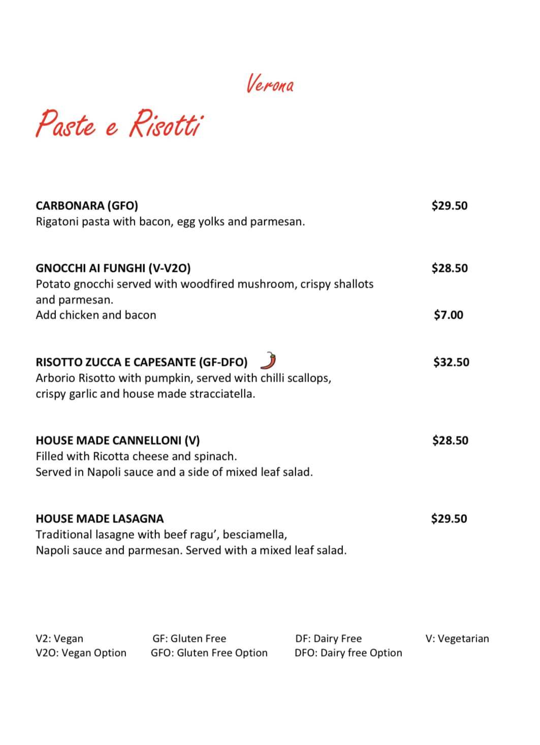 Menu at Verona Devonport restaurant, Devonport