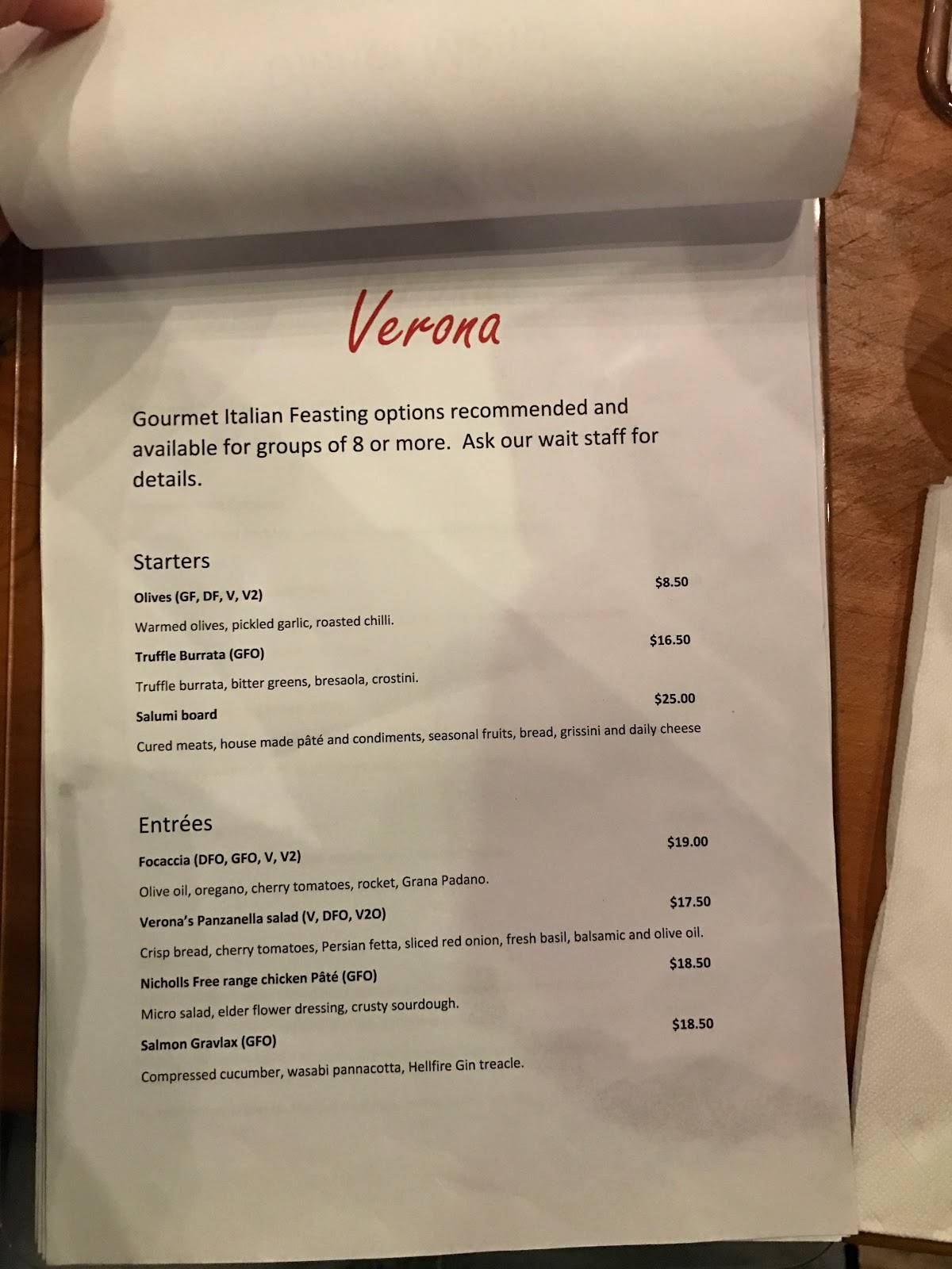 Menu at Verona Devonport restaurant, Devonport