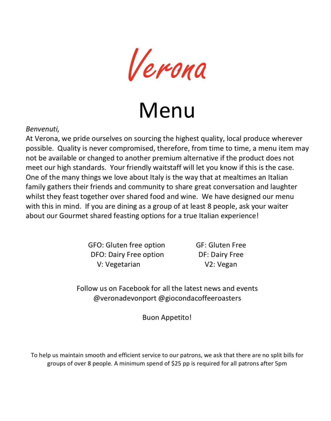 Menu at Verona Devonport restaurant, Devonport
