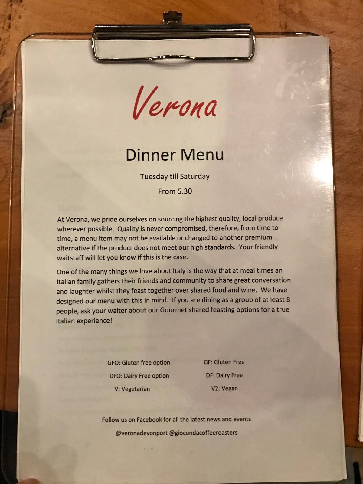 Menu at Verona Devonport restaurant, Devonport