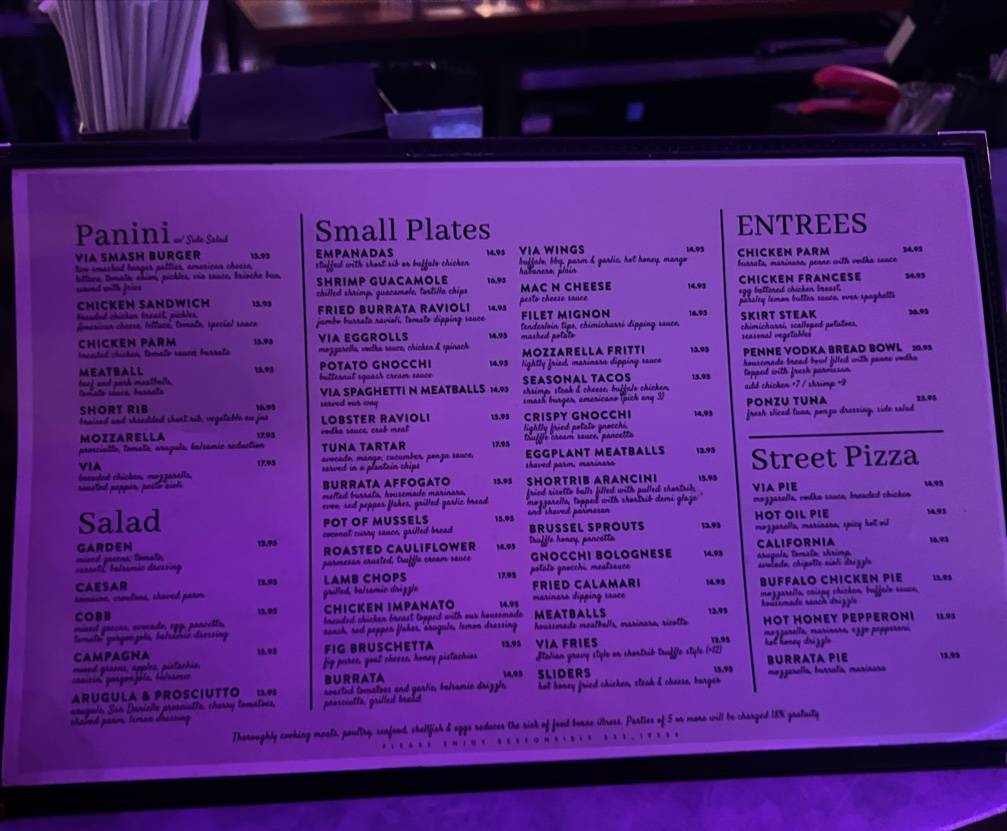 Menu at Via Gastrobar, New Haven