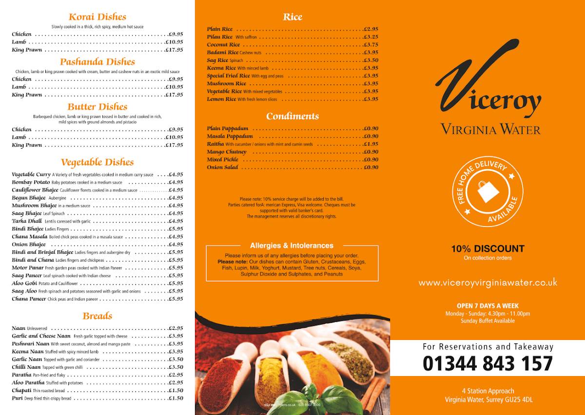 Menu at Viceroy of India restaurant, Virginia Water