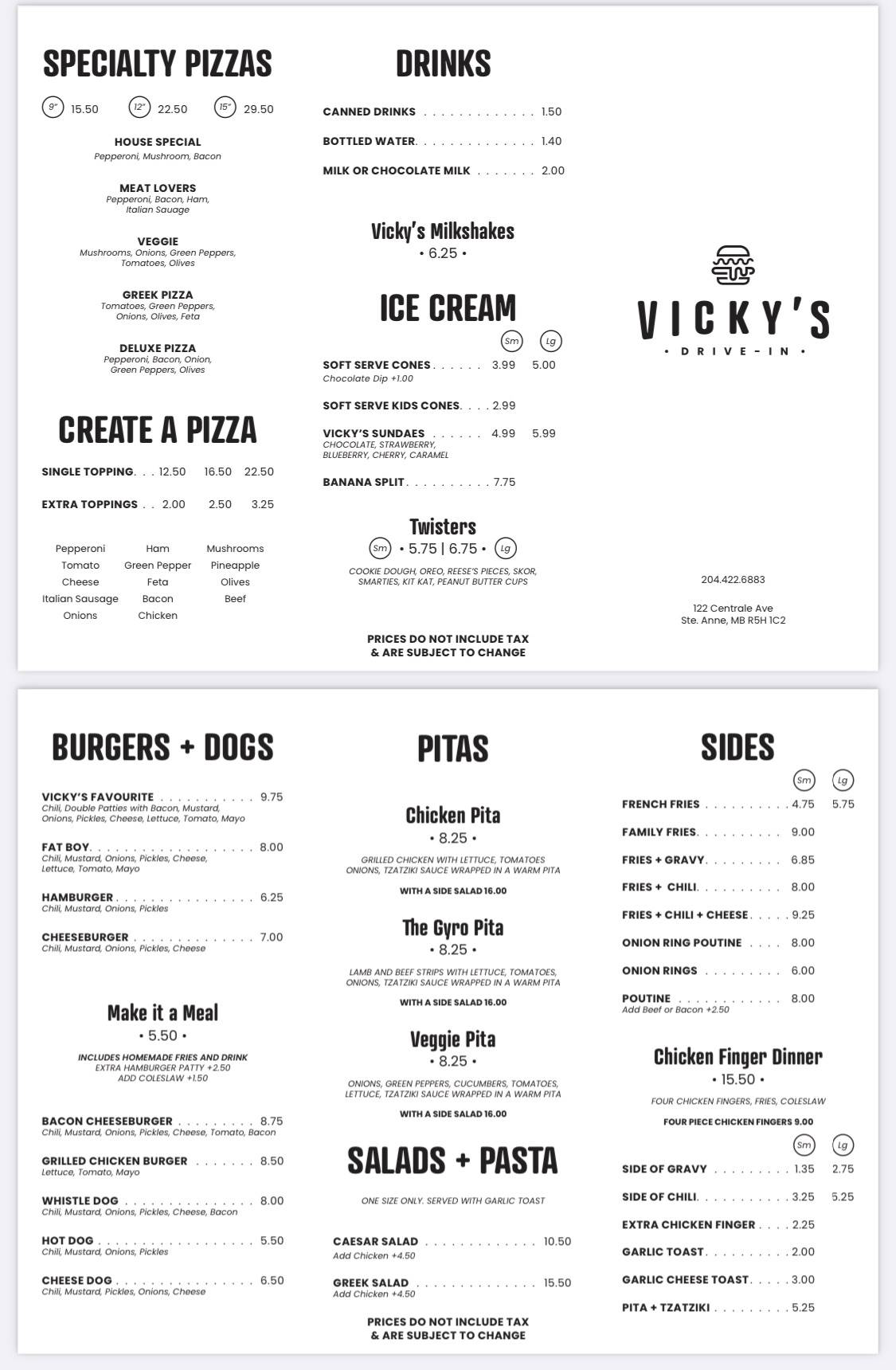 Menu at Vicky's Drive Inn restaurant, Ste. Anne