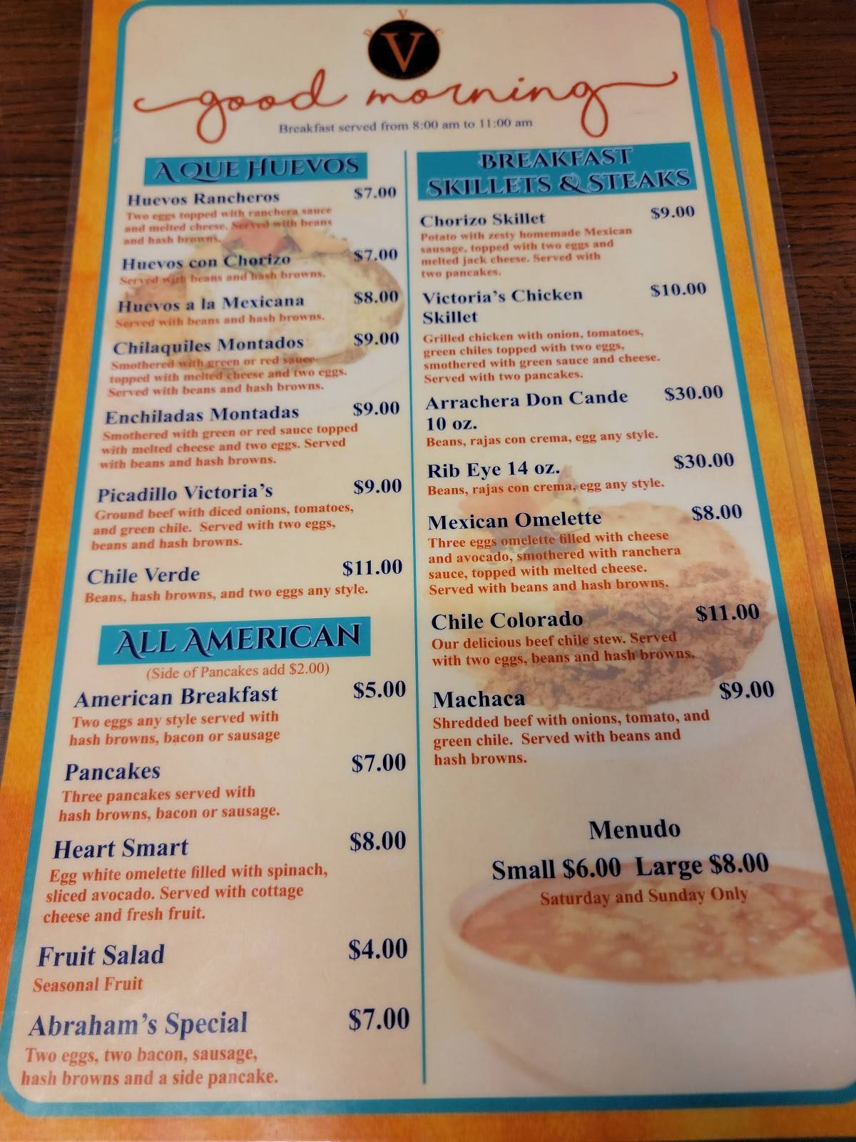 Menu at Victoria's Mexican Grill restaurant, Canutillo