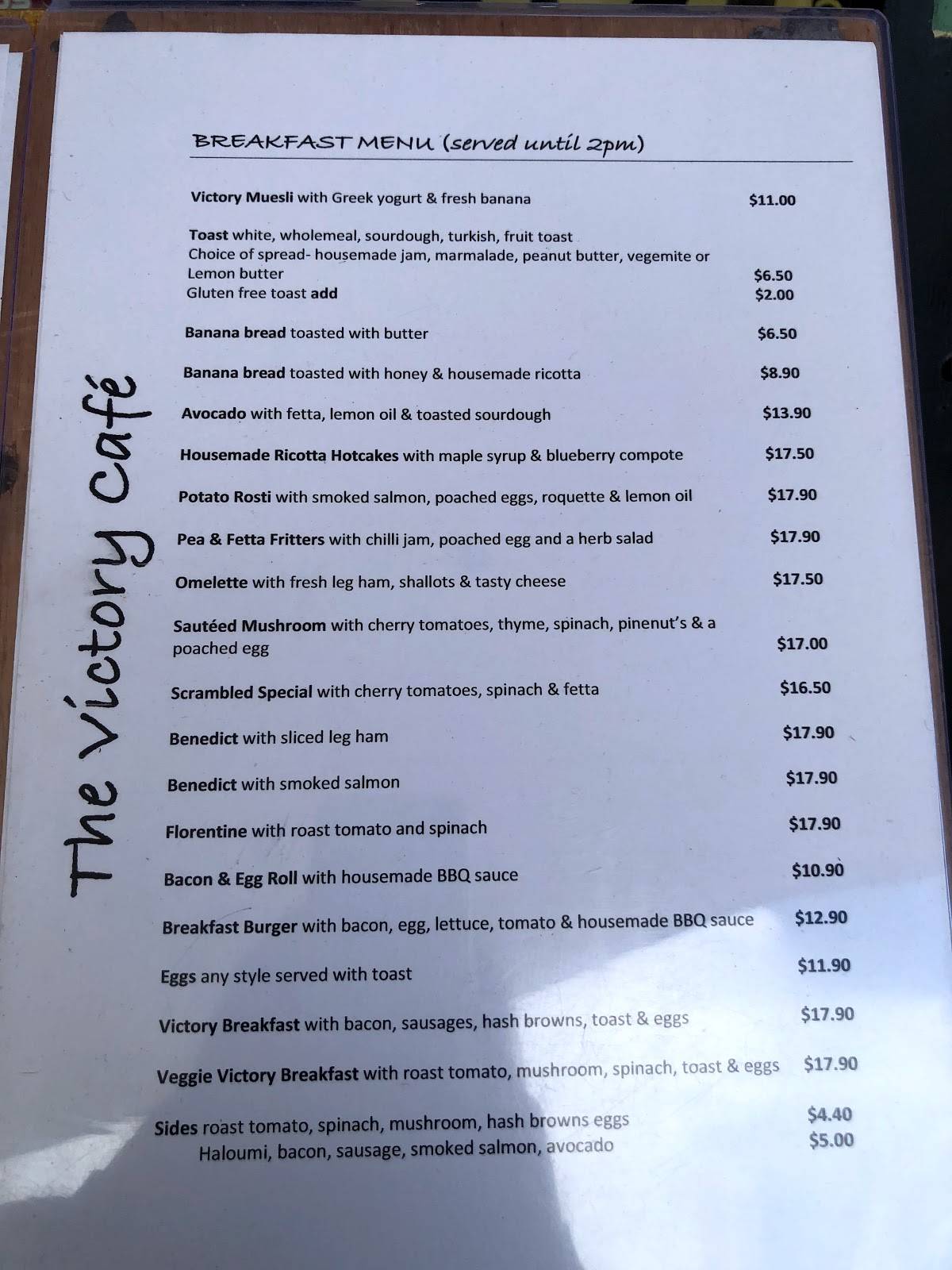 Menu at Victory Cafe, Blackheath