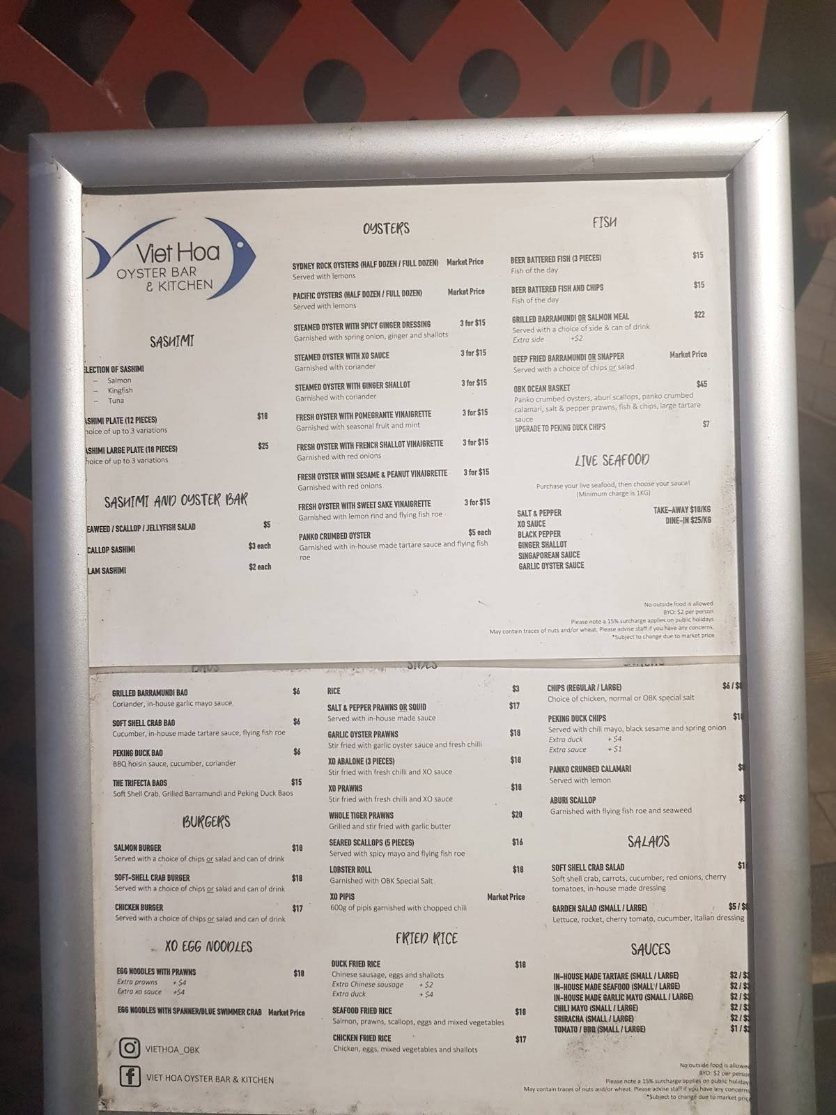 Menu at Viet Hoa Oyster Bar & Kitchen, Cabramatta