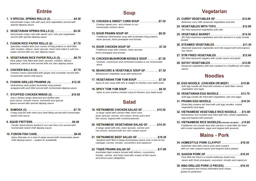 Menu at Vietnamese Fusion Restaurant, Scarborough