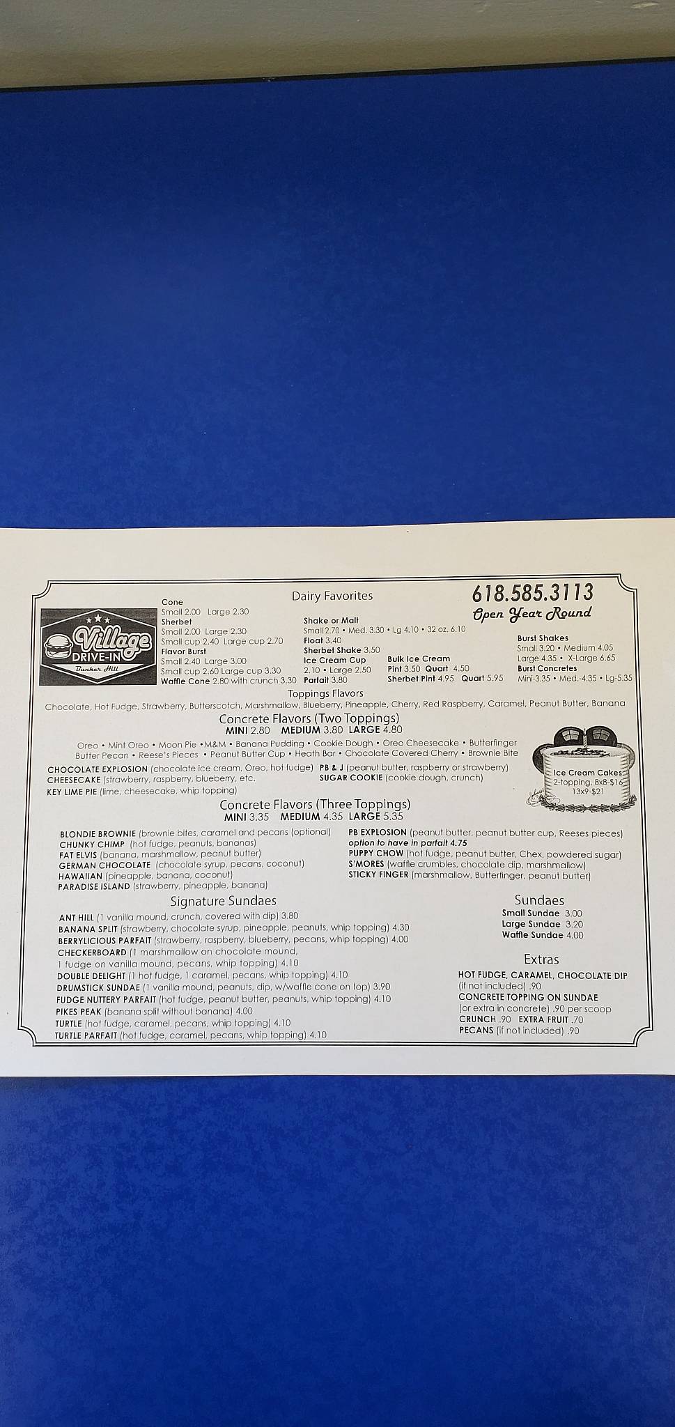 Menu at Village Drive-In restaurant, Bunker Hill