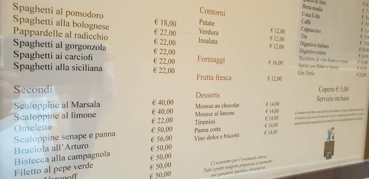 Menu at Vini Da Arturo restaurant, Venice