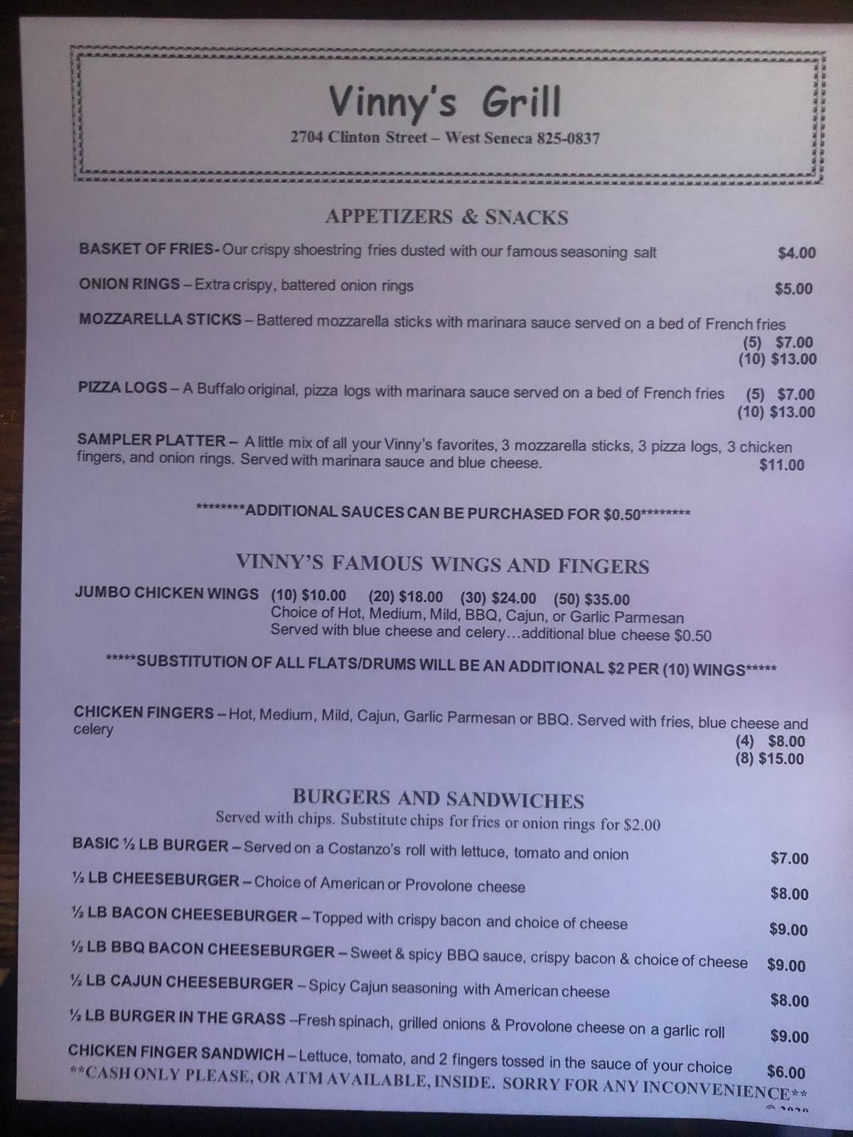 Menu at Vinny's pub & bar, West Seneca, Clinton St