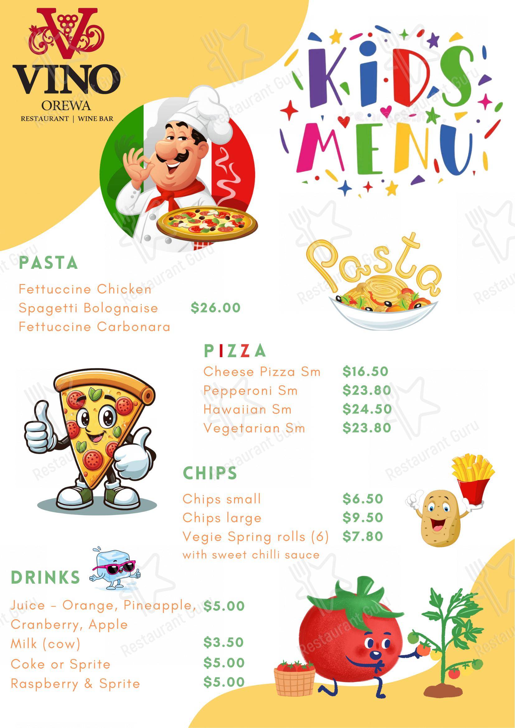 Menu at Vino Restaurant & Wine Bar, Orewa, Shop 4/2 Hillary Square