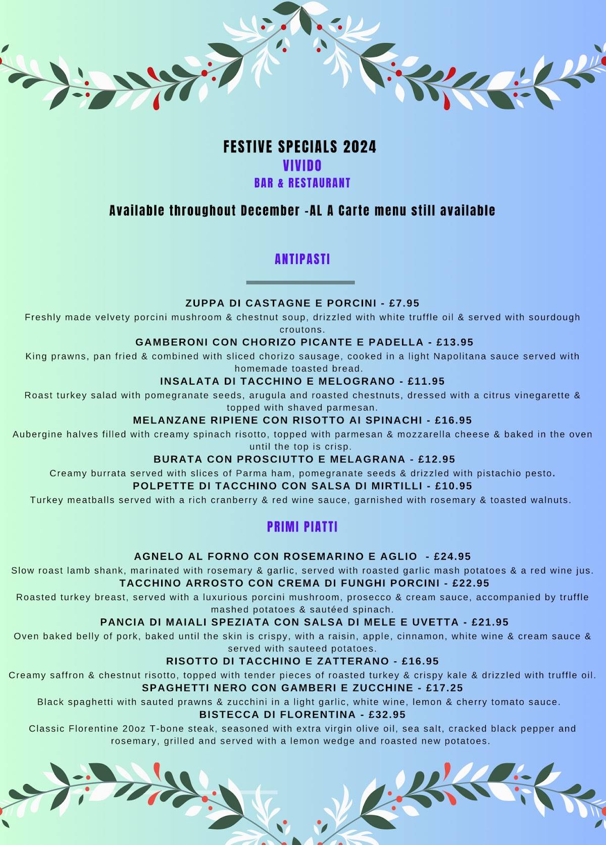 Menu at Vivido Bar And Restaurant, Harrogate