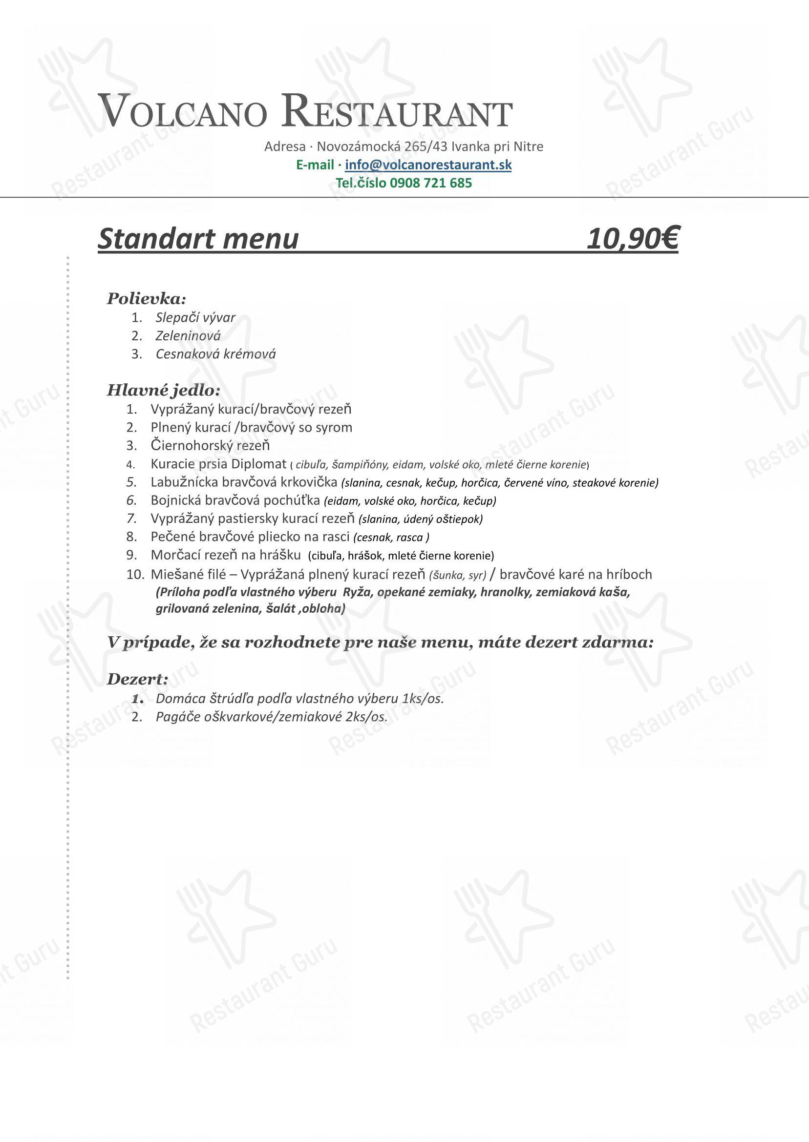 Menu at Volcano restaurant, Ivanka pri Nitre