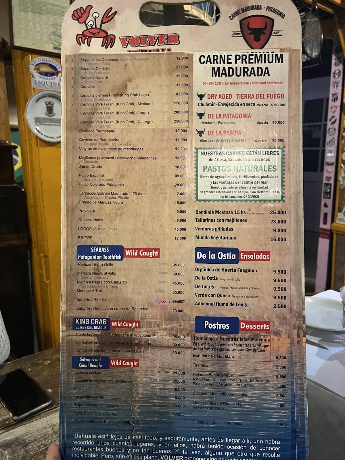 Menu at Volver restaurant, Ushuaia