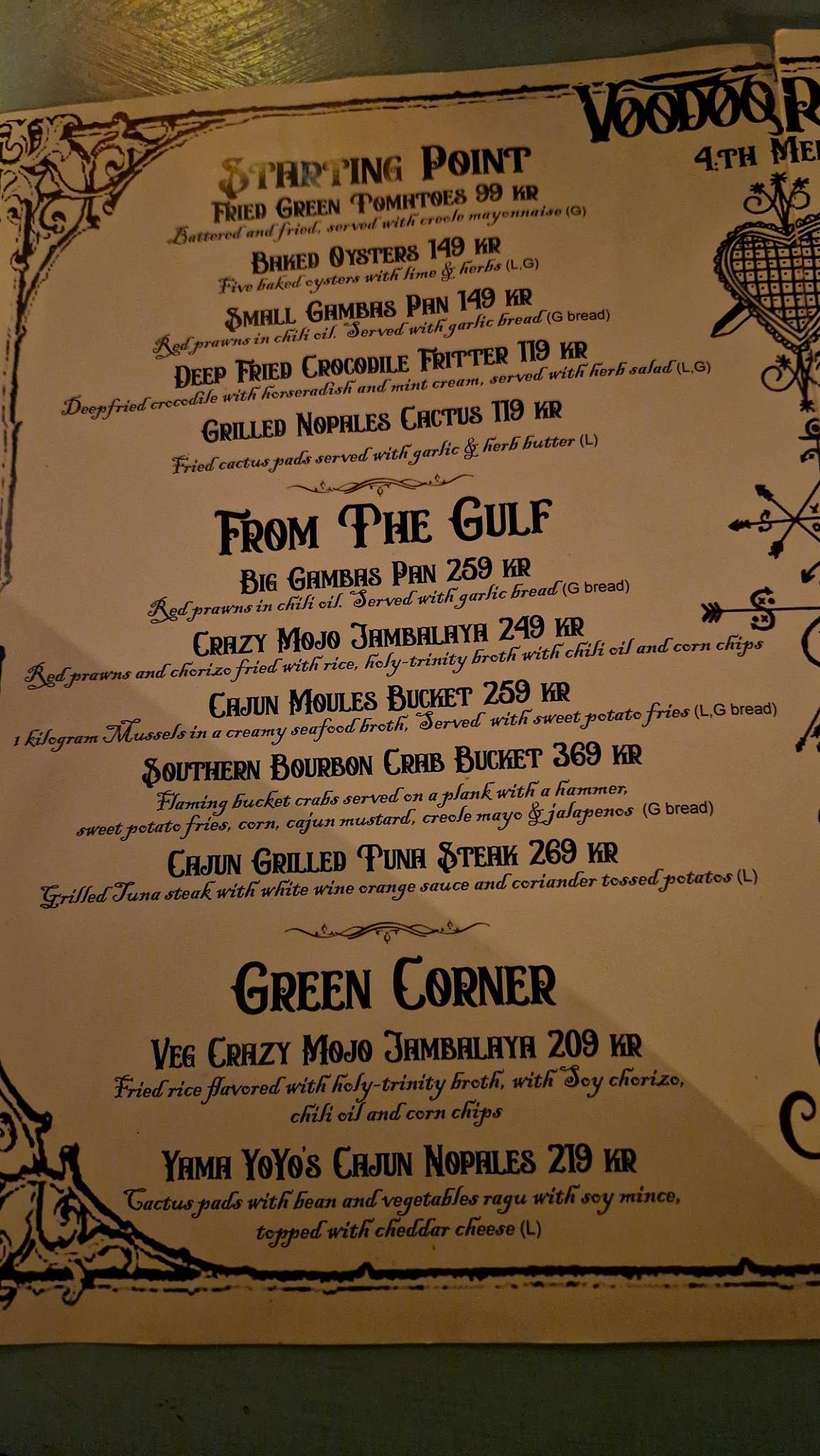 Menu at Voodoo Room restaurant, Stockholm