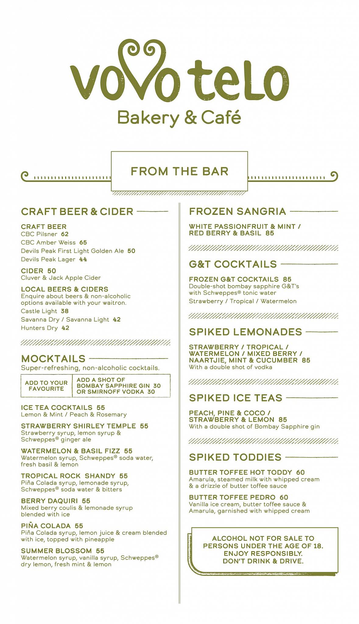 Menu at Vovo Telo cafe, Hartbeespoort