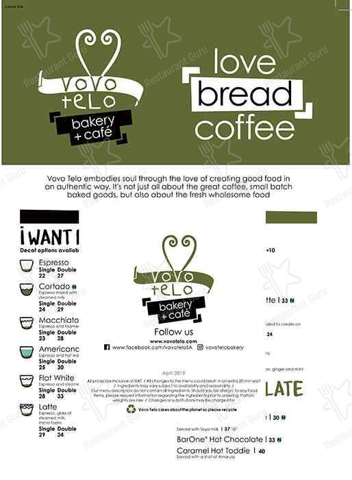Menu at Vovo Telo Bakery & Café, Hartbeespoort