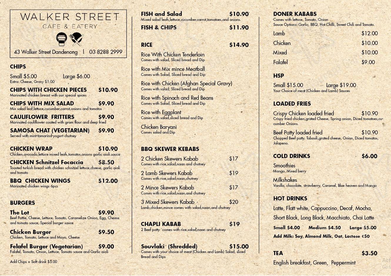 Menu at Walker street cafe, Dandenong