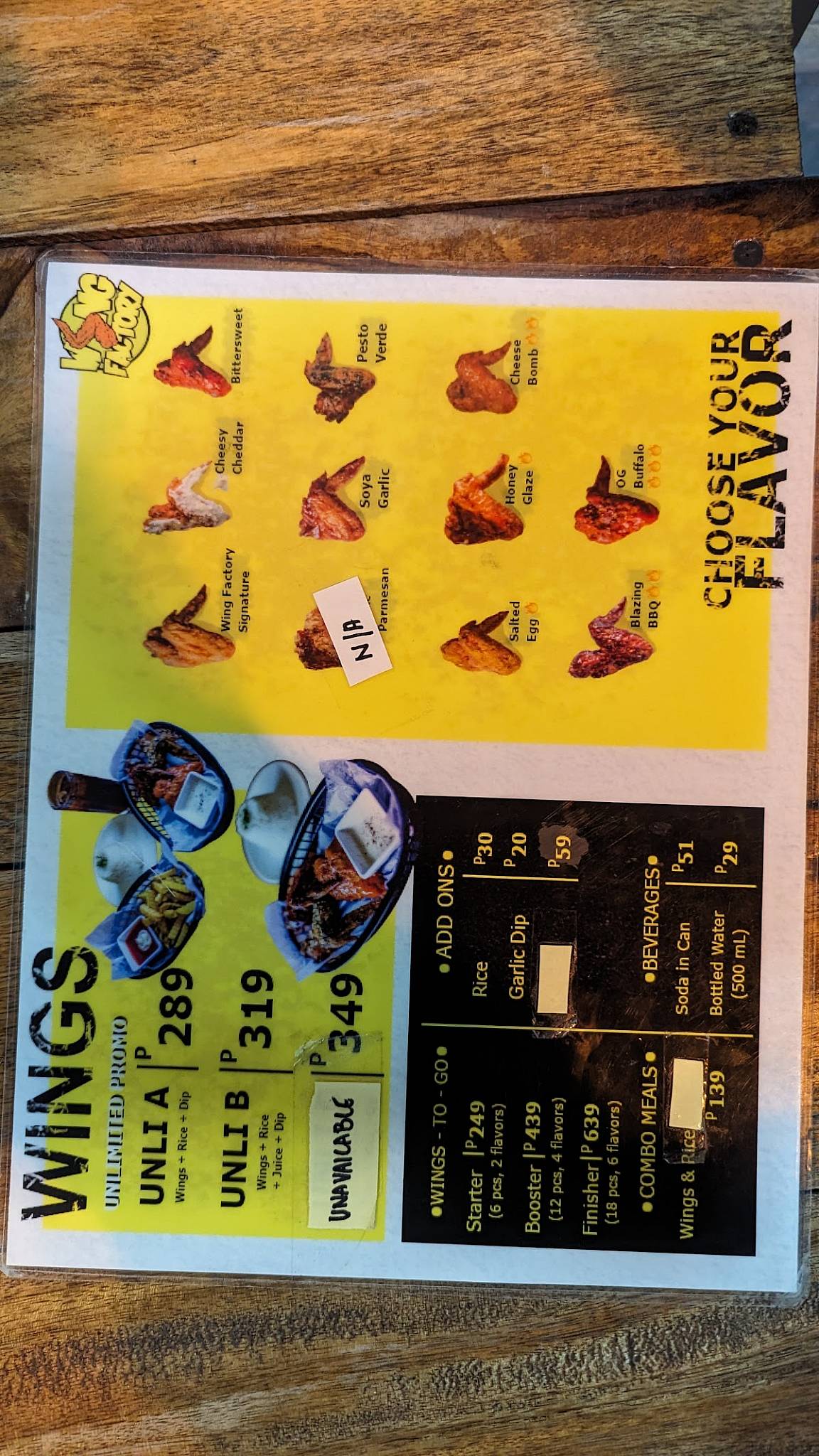 Menu at WING FACTORY restaurant, Baguio, 2nd