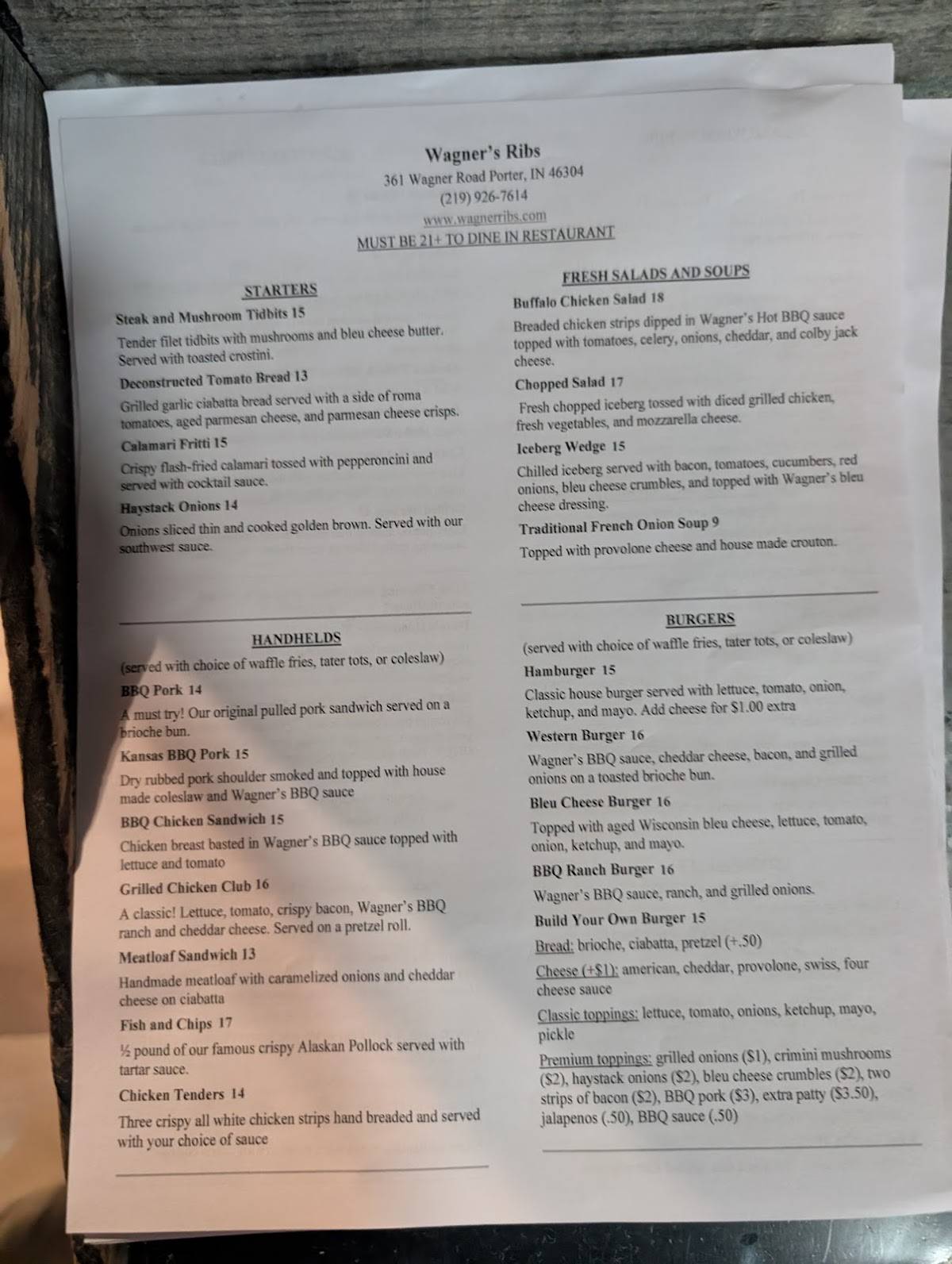 Menu at Wagner's Ribs BBQ, Porter