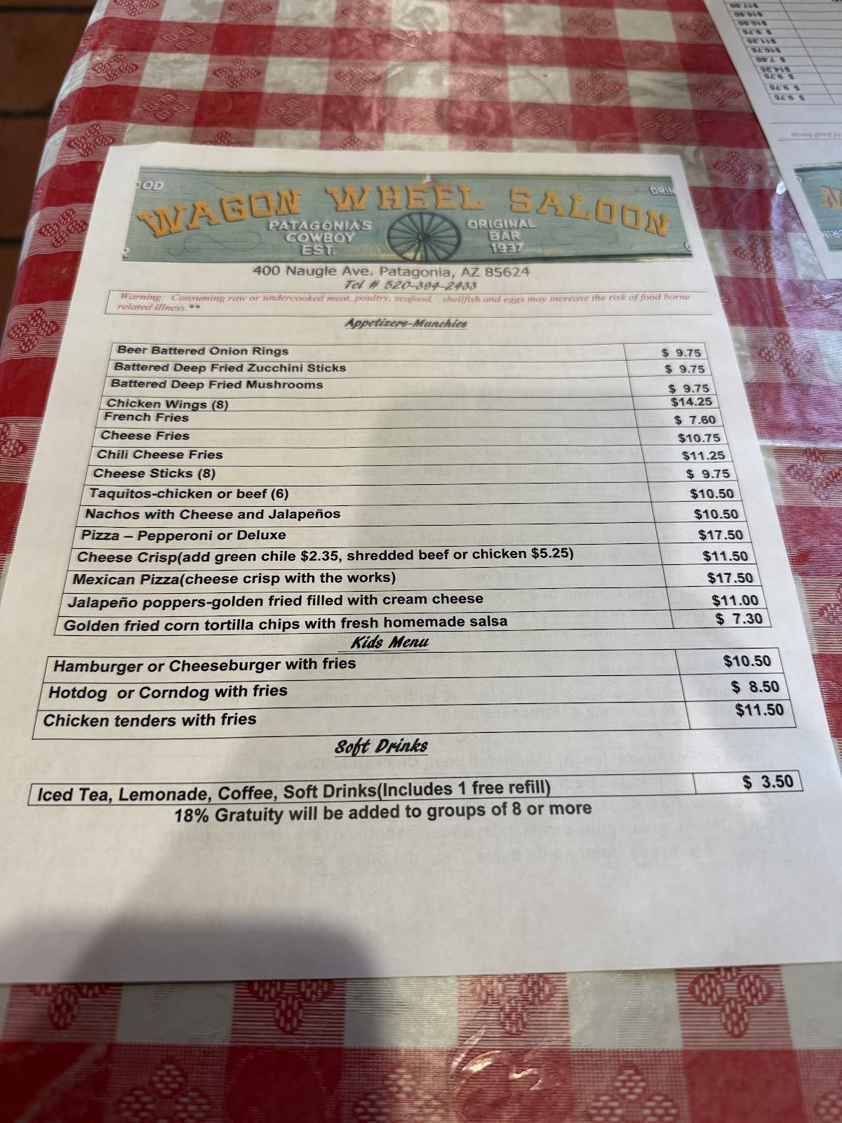 Menu at Wagon Wheel Saloon pub & bar, Patagonia