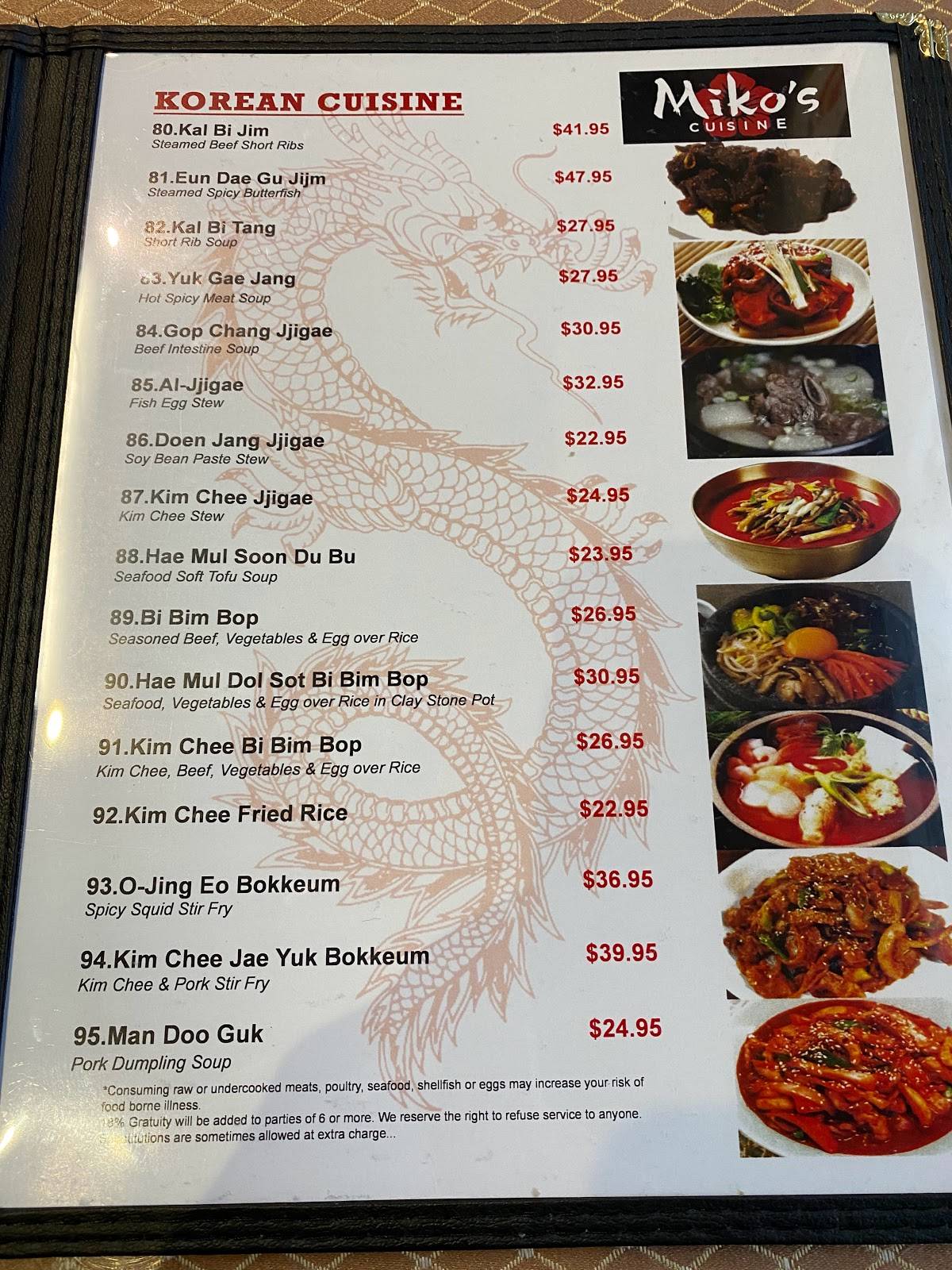 Menu at Miko’s Cuisine restaurant, Wailuku