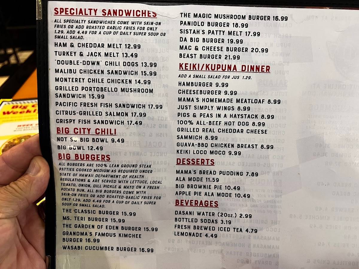 Menu at Big City Diner restaurant, Waipahu, 94-800 Ukeʻe Street #305