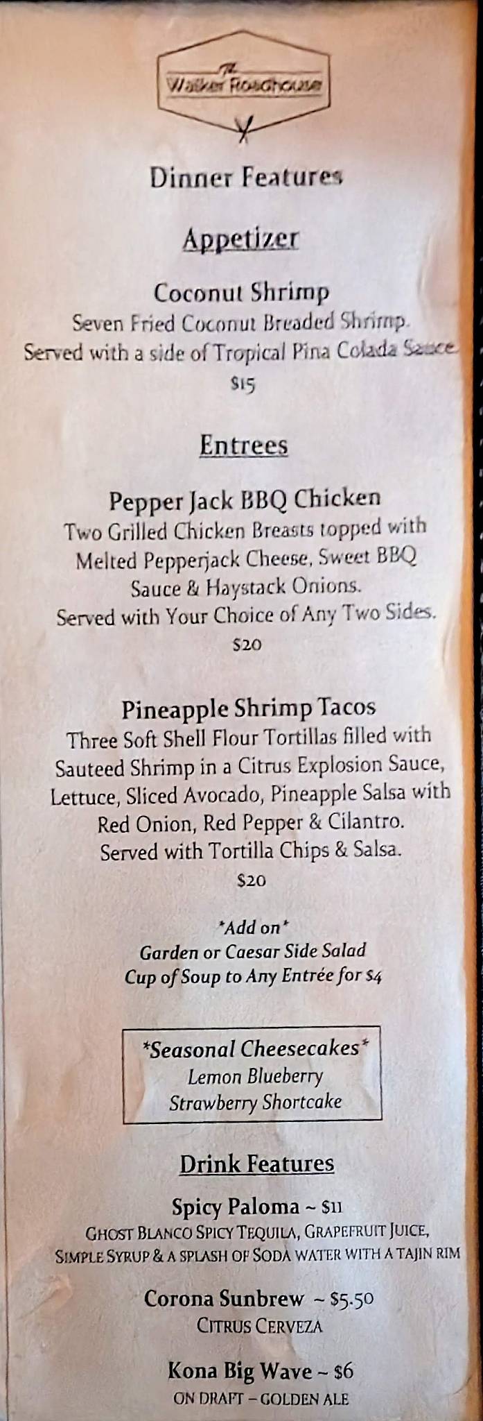 Menu at The Walker Roadhouse pub & bar, Grand Rapids