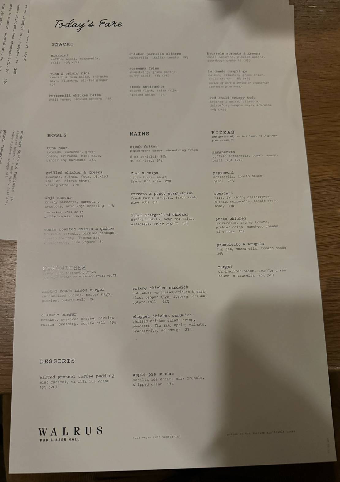 Menu at Walrus Pub & Beer Hall, Toronto