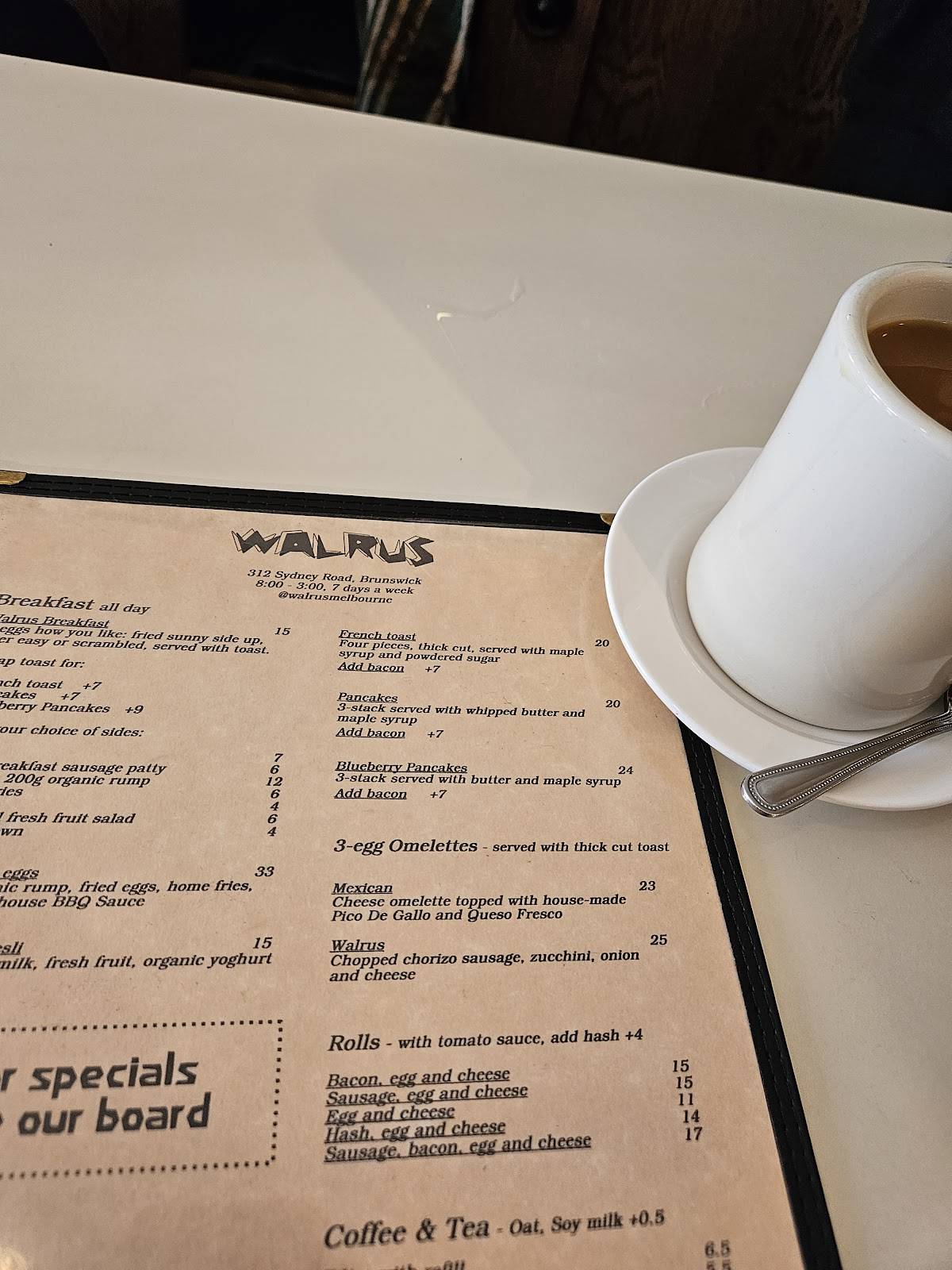 Menu at Walrus cafe, Brunswick