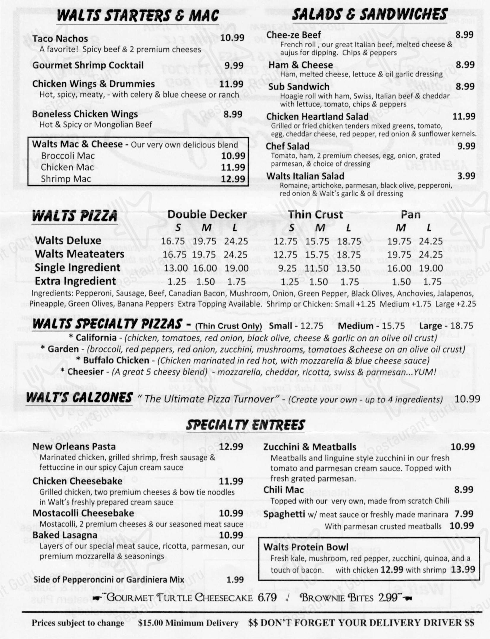 Menu at Walt's Pizza & Restaurant, Marion