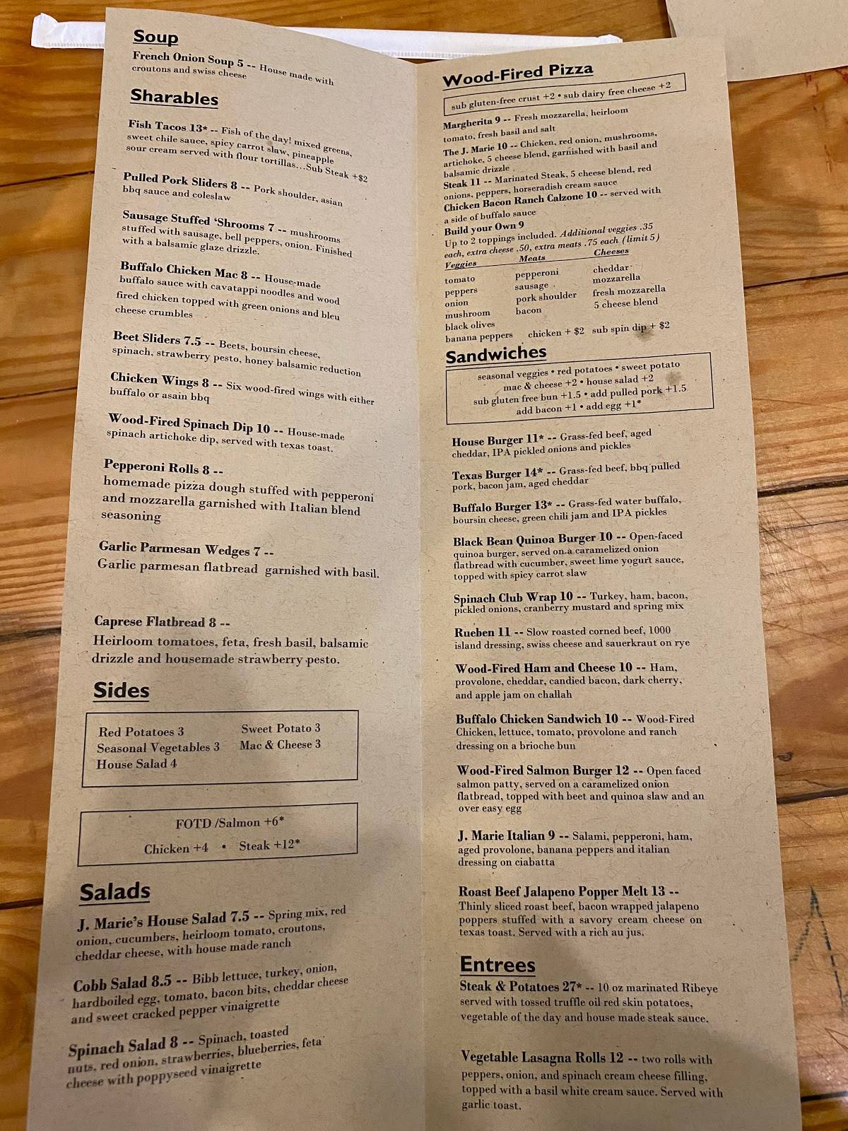 Menu at J. Marie's Wood-Fired Kitchen and Drinks restaurant, Wapakoneta