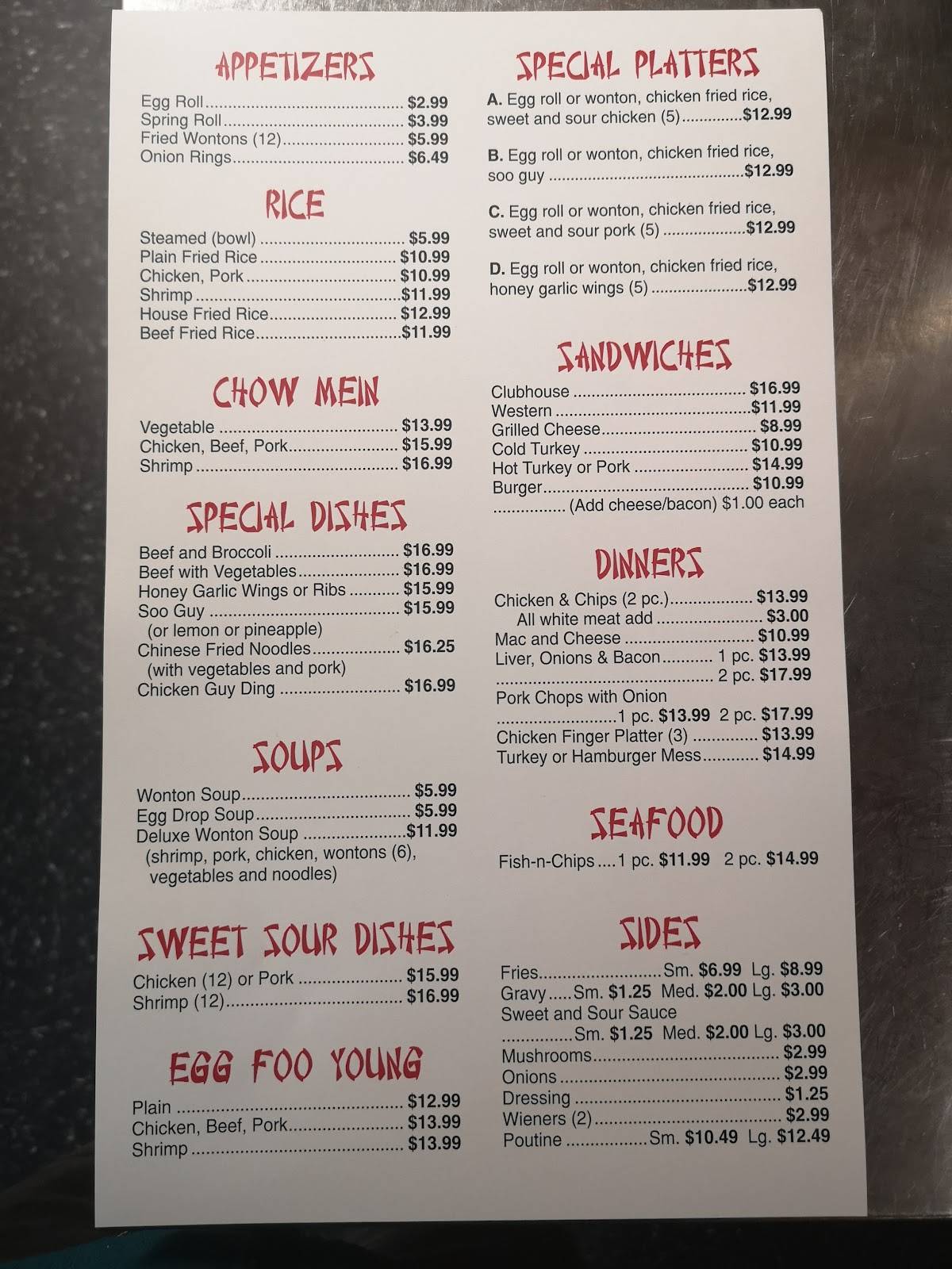 Menu at War Wick's Restaurant, Grand Falls-Windsor