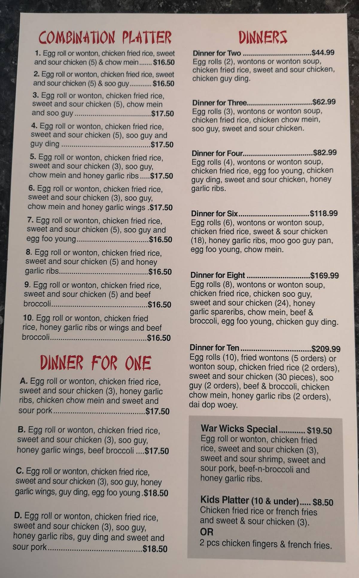 Menu at War Wick's Restaurant, Grand Falls-Windsor