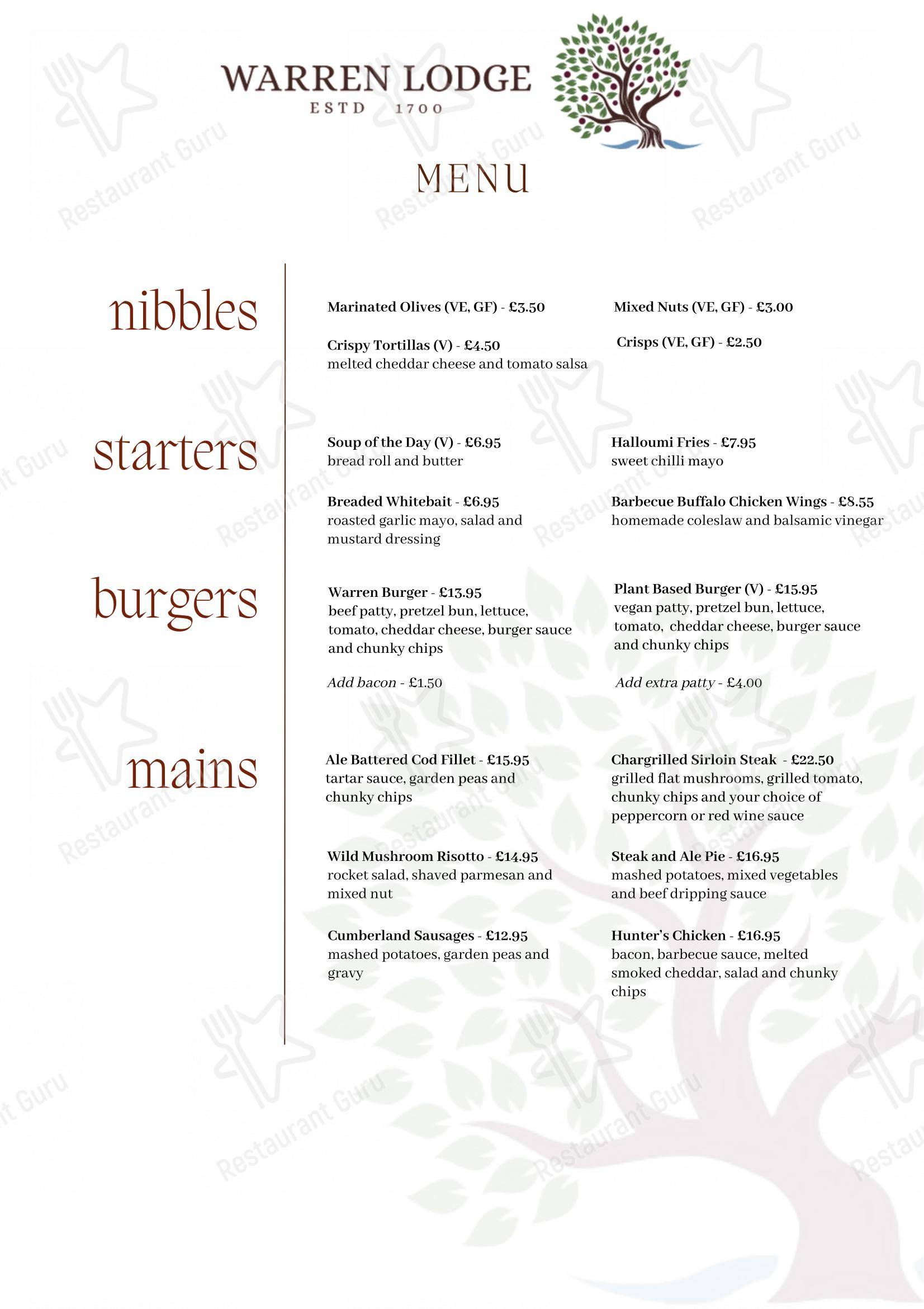 Menu at Warren Lodge Hotel pub & bar, Shepperton