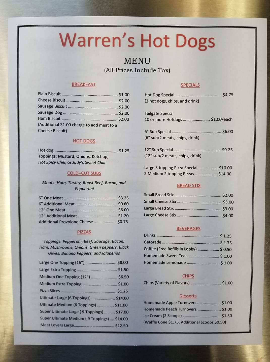 Menu at Warren's Hotdogs pizzeria, Chocowinity, 408 NC-33