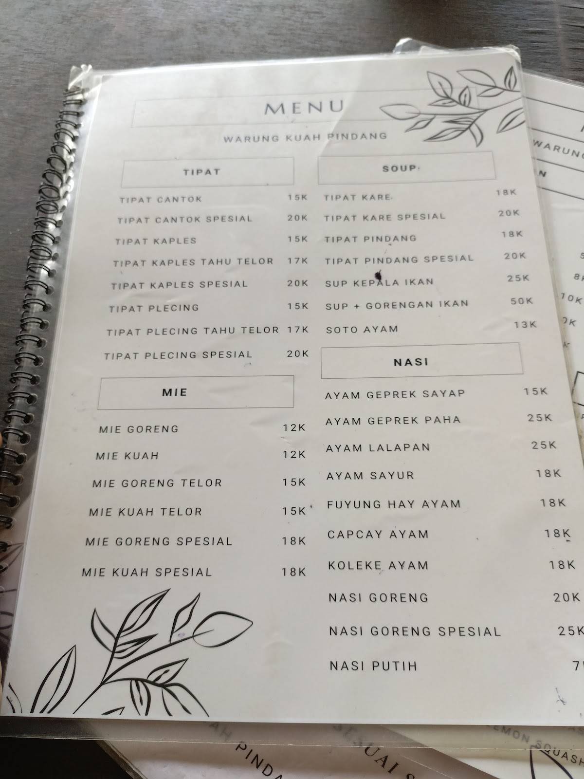 Menu at Warung Kuah Pindang restaurant, Ubud
