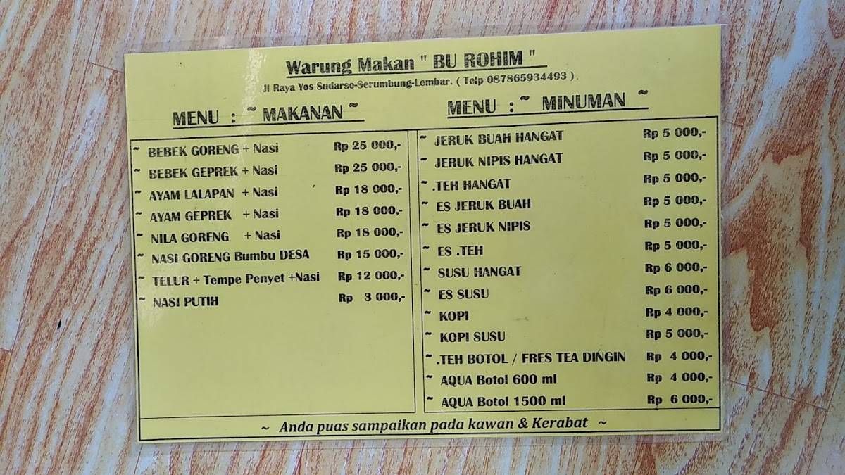 Menu at Warung Makan BR restaurant, Jembatan Kembar, Jl. Raya Lembar ...