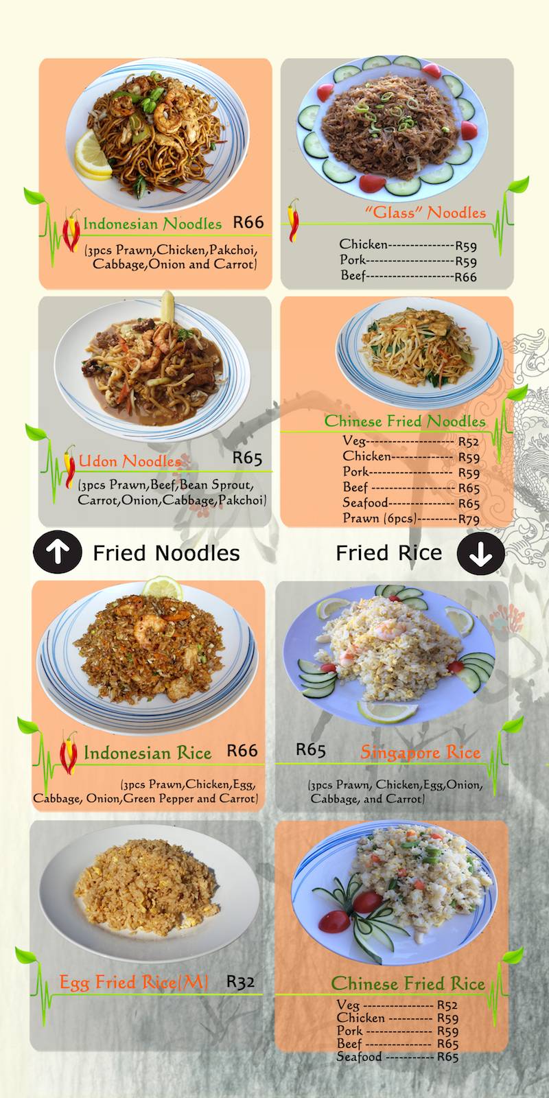 Menu at Wason Chinese Sushi restaurant, Cape Town