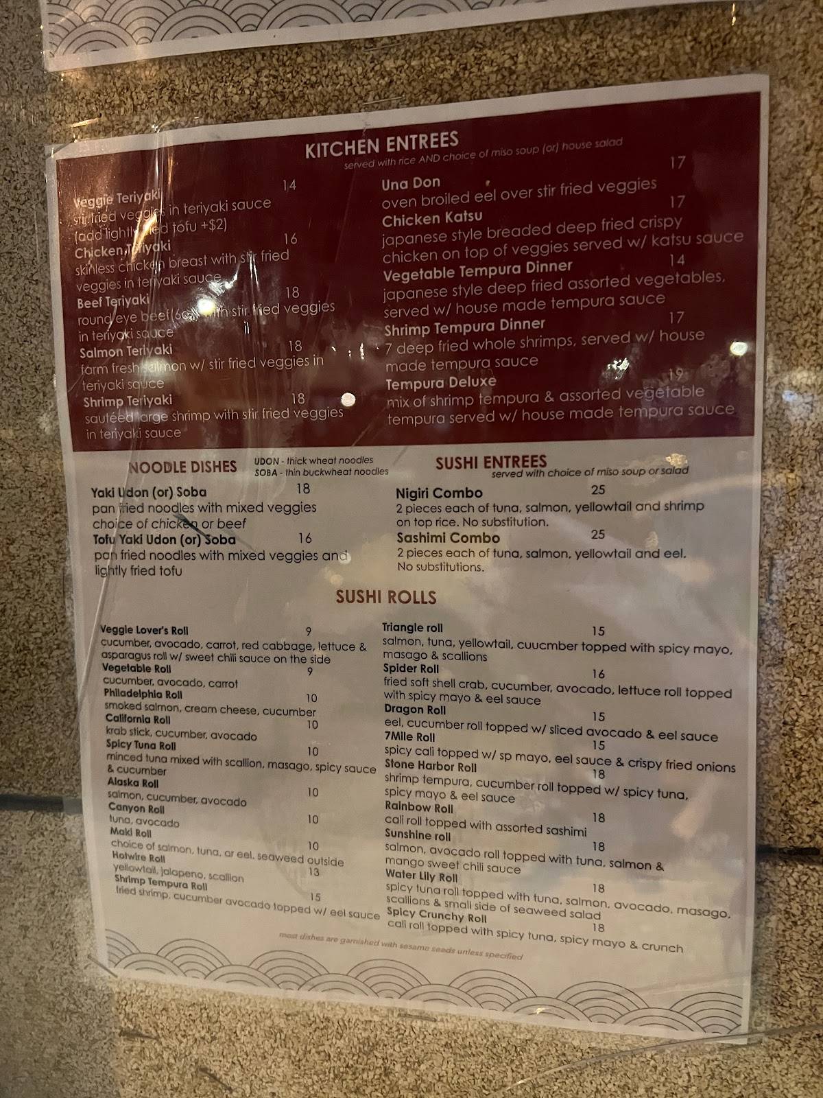 Menu at Water Lily Japanese Cuisine restaurant, Stone Harbor