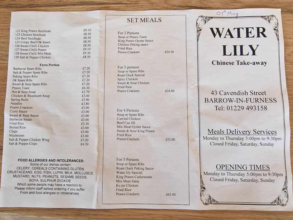 Menu at Water Lily Takeaway fast food, Barrow-in-Furness, 43 Cavendish St