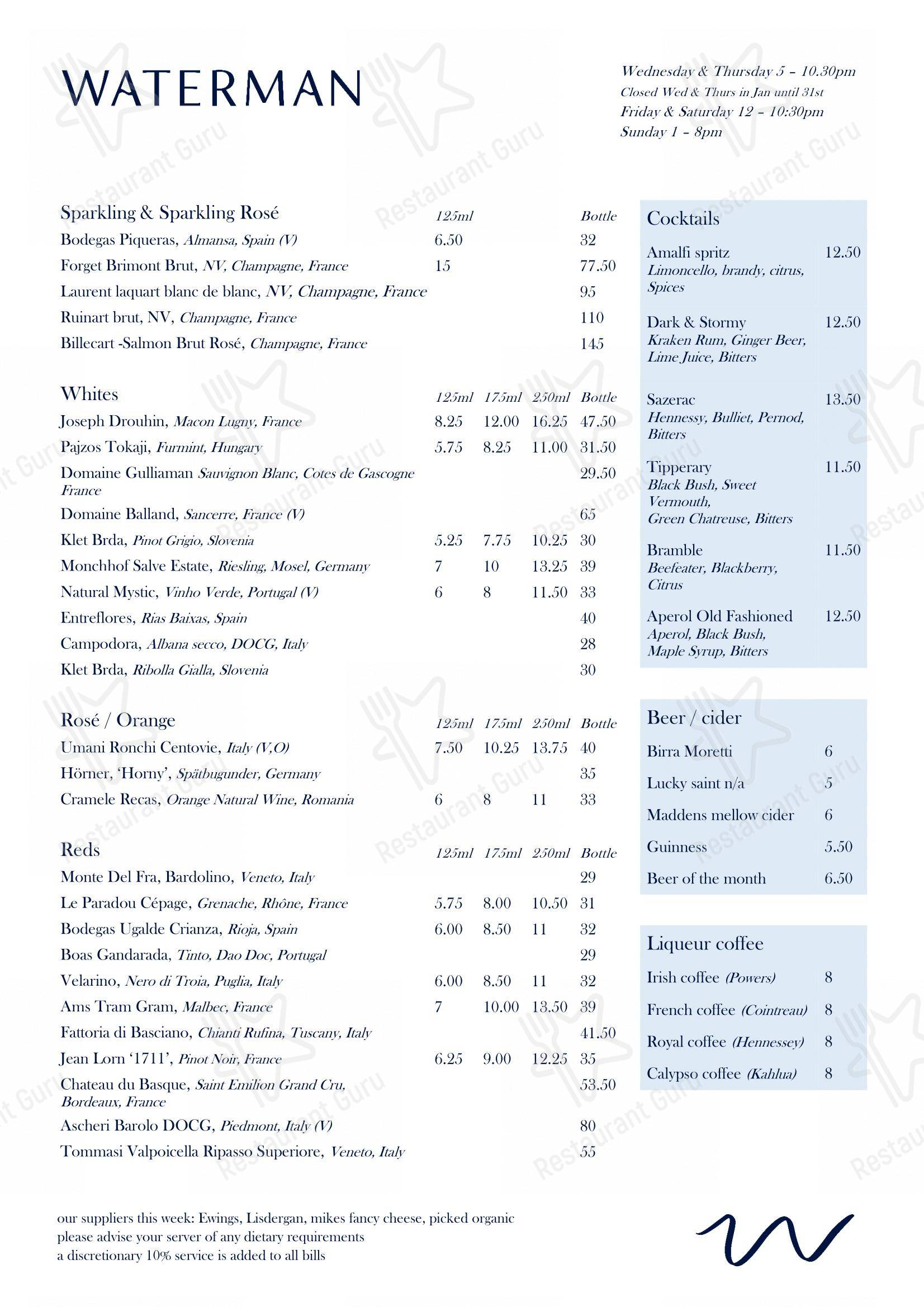 Menu at Waterman House restaurant, Belfast