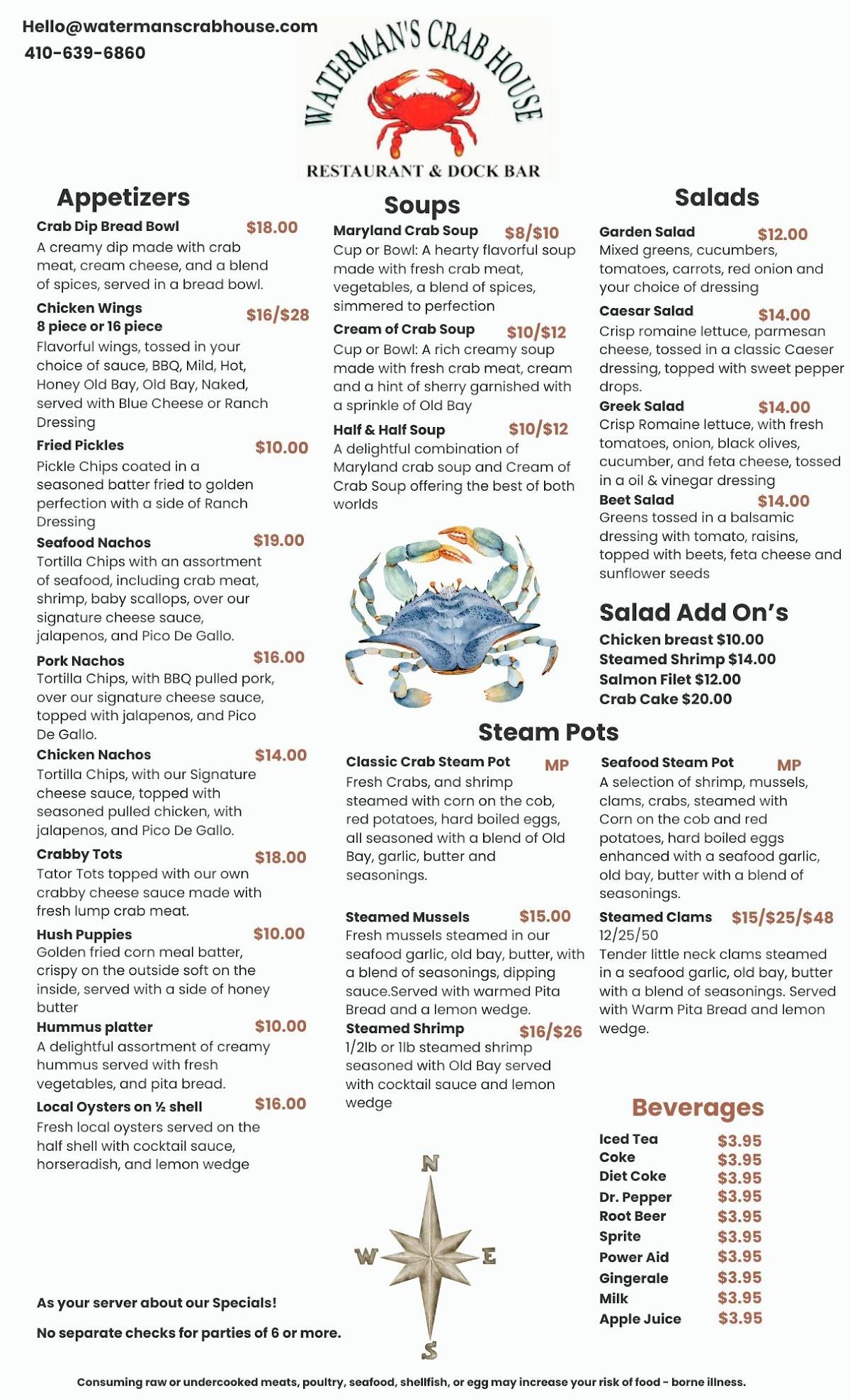 Menu at Waterman's Crab House pub & bar, Rock Hall