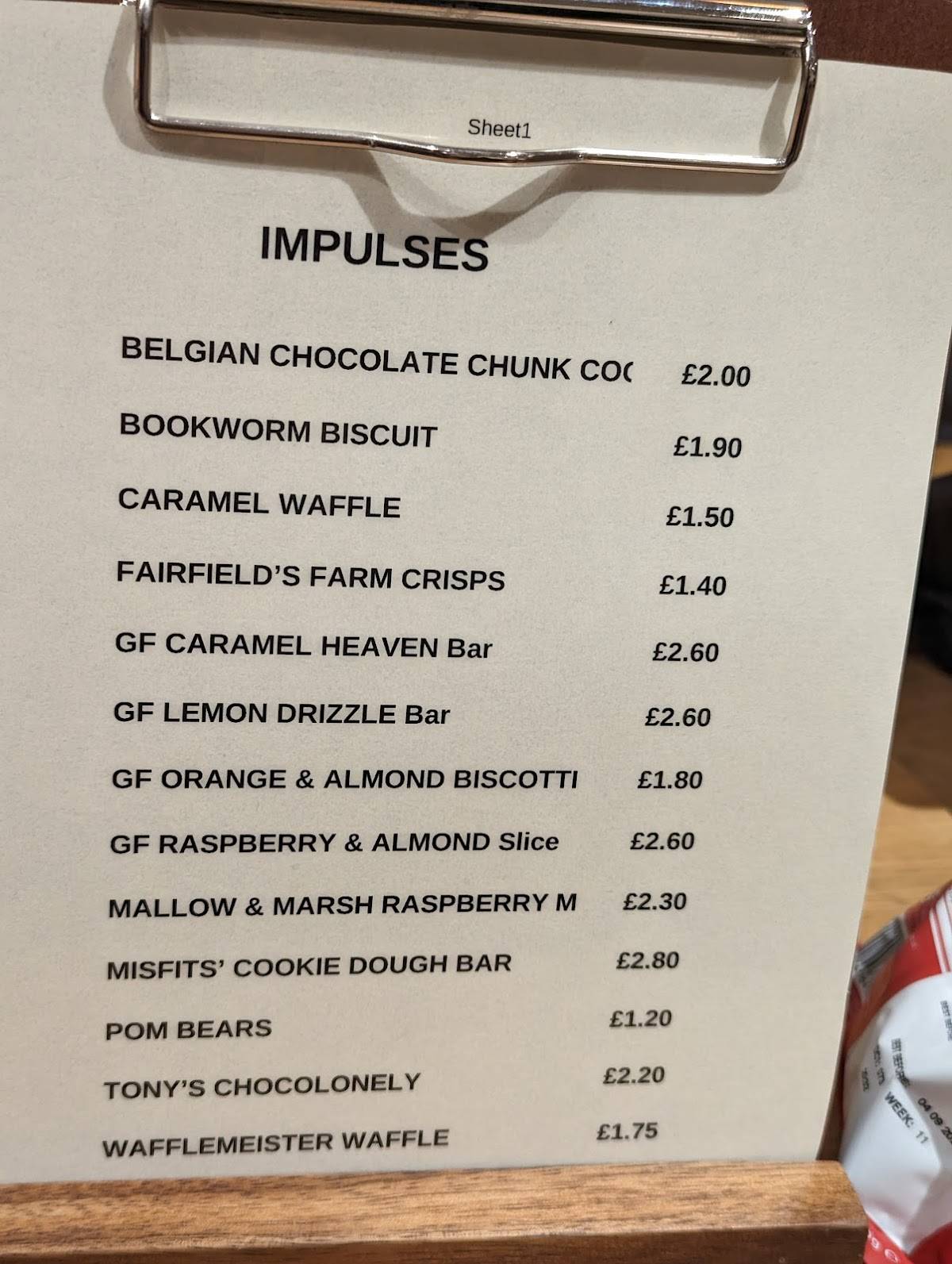 Menu at Waterstones Café, Cambridge